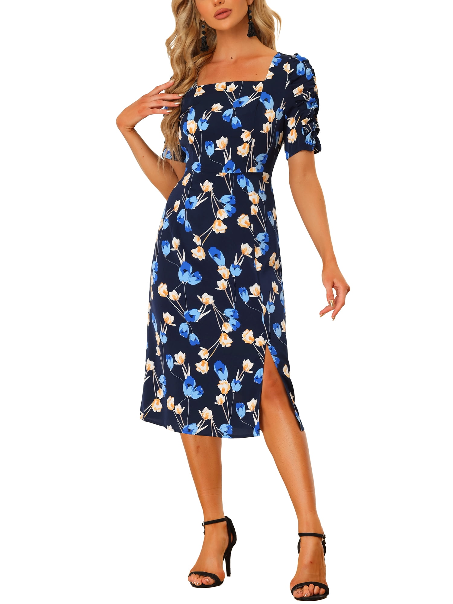 Allegra K Square Neck Floral Dress for Women's Summer Slit Ruched ...