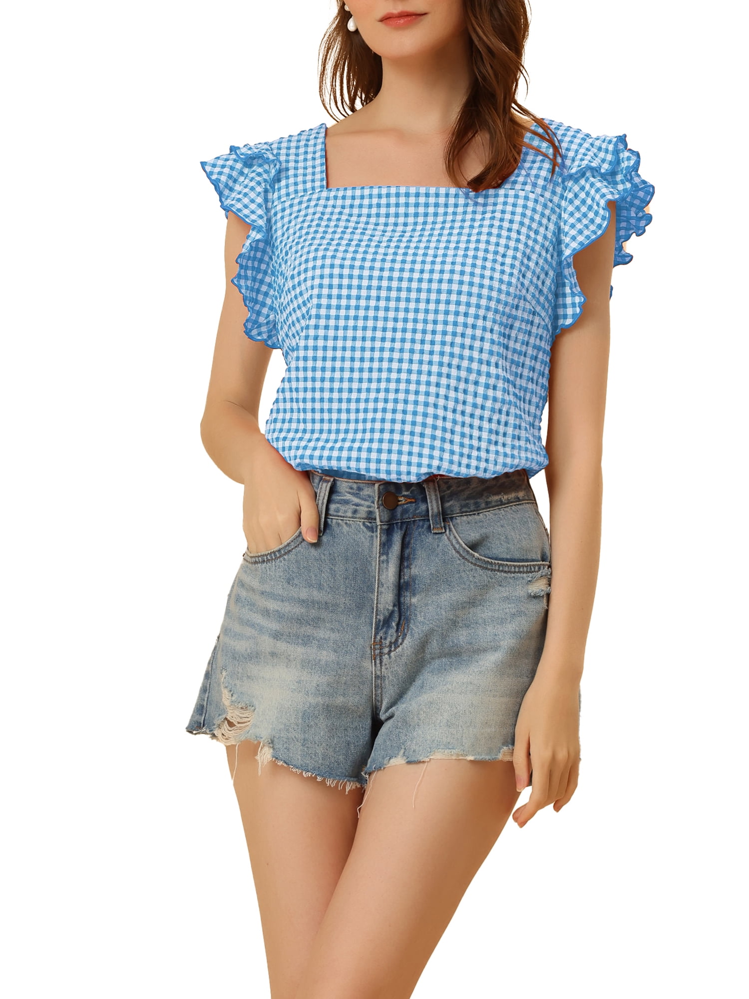 INSPIRE CHIC Women's Gingham Tops Square Neck Ruffle Cap Sleeve Summer ...