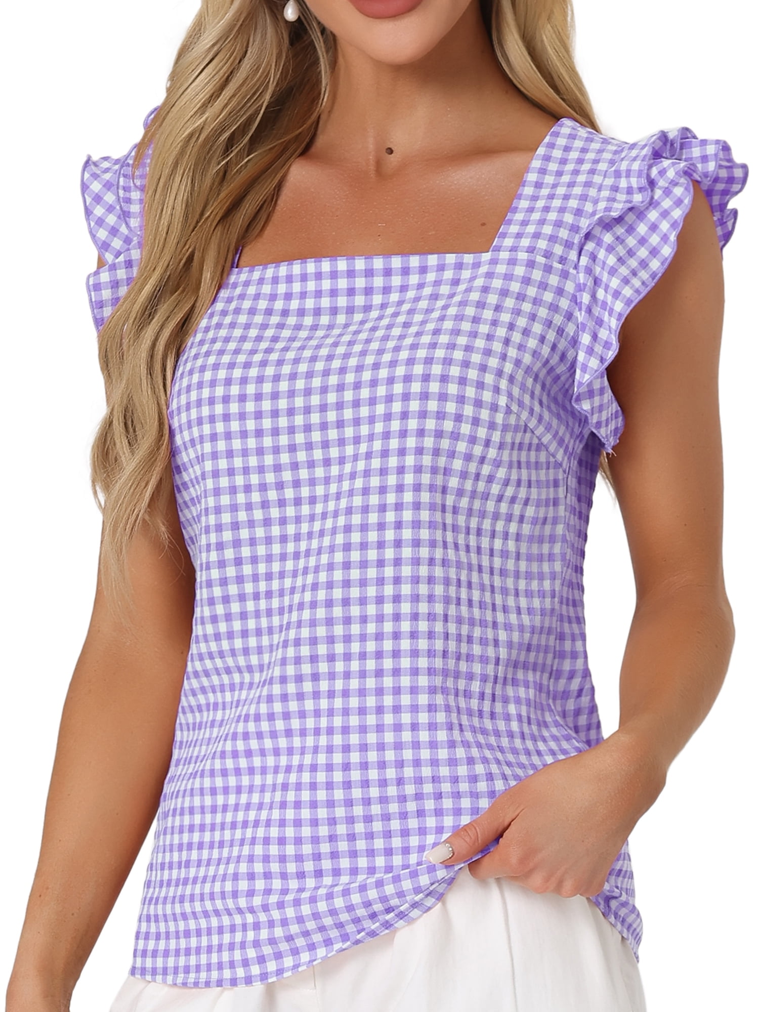 Allegra K Summer Gingham Tops for Women's Square Neck Ruffle Sleeve ...
