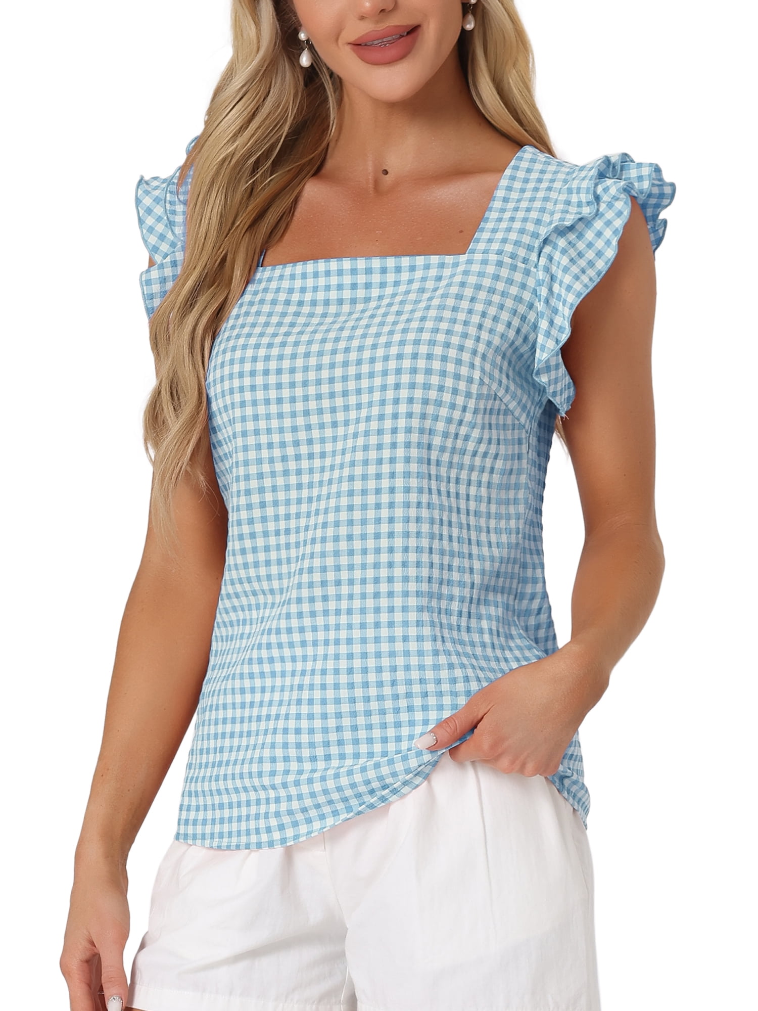 INSPIRE CHIC Women's Gingham Tops Square Neck Ruffle Cap Sleeves Summer ...