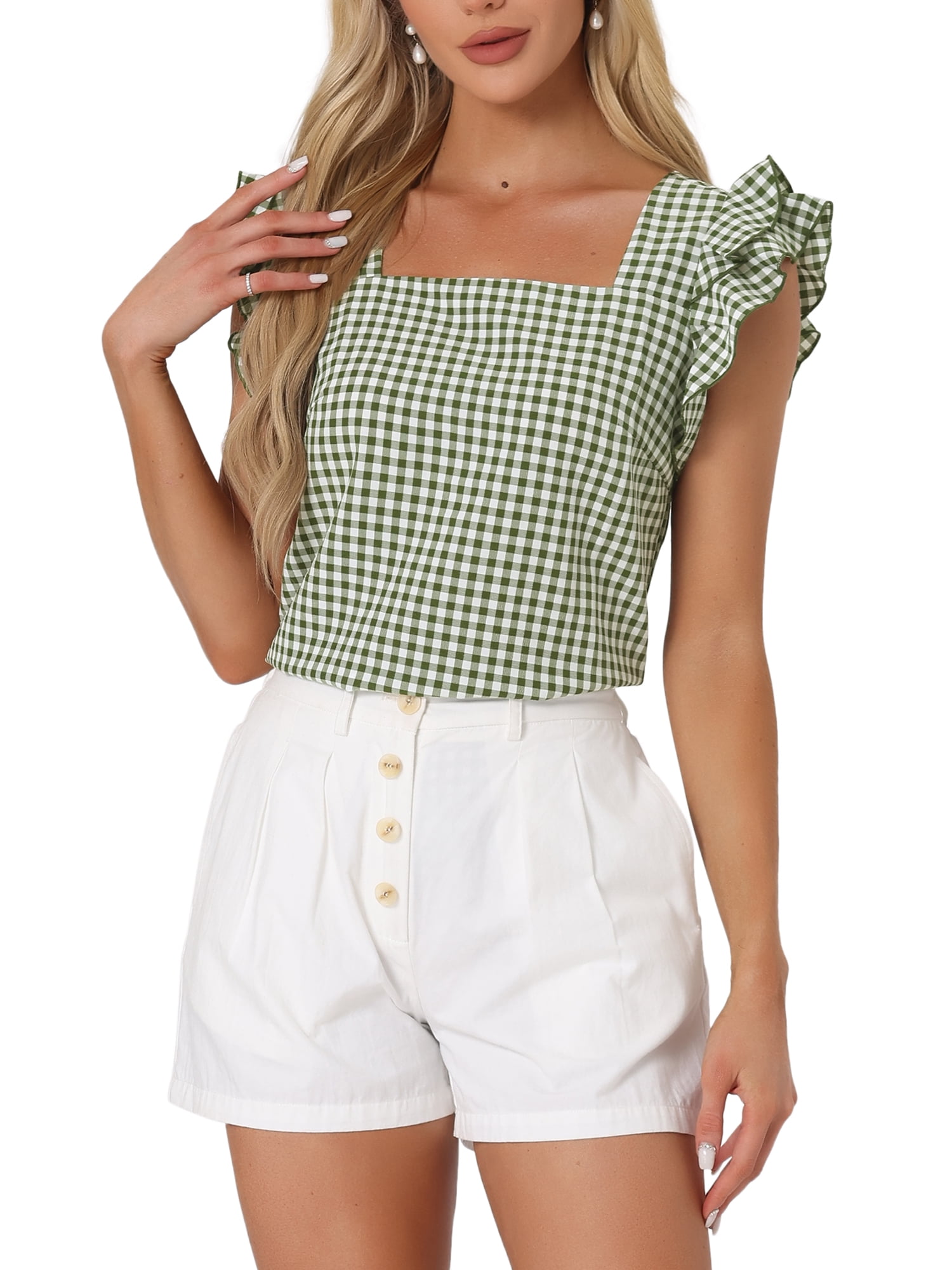 INSPIRE CHIC Women's Gingham Tops Square Neck Ruffle Cap Sleeves Summer ...