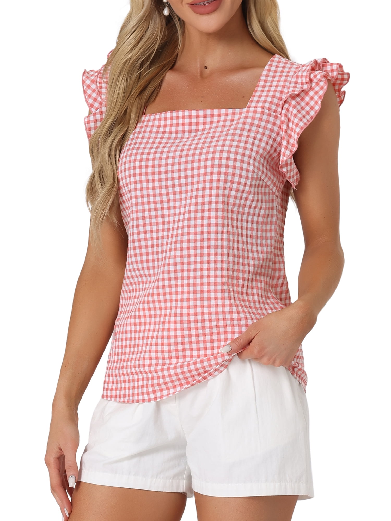 INSPIRE CHIC Women's Gingham Tops Square Neck Ruffle Cap Sleeves Summer ...