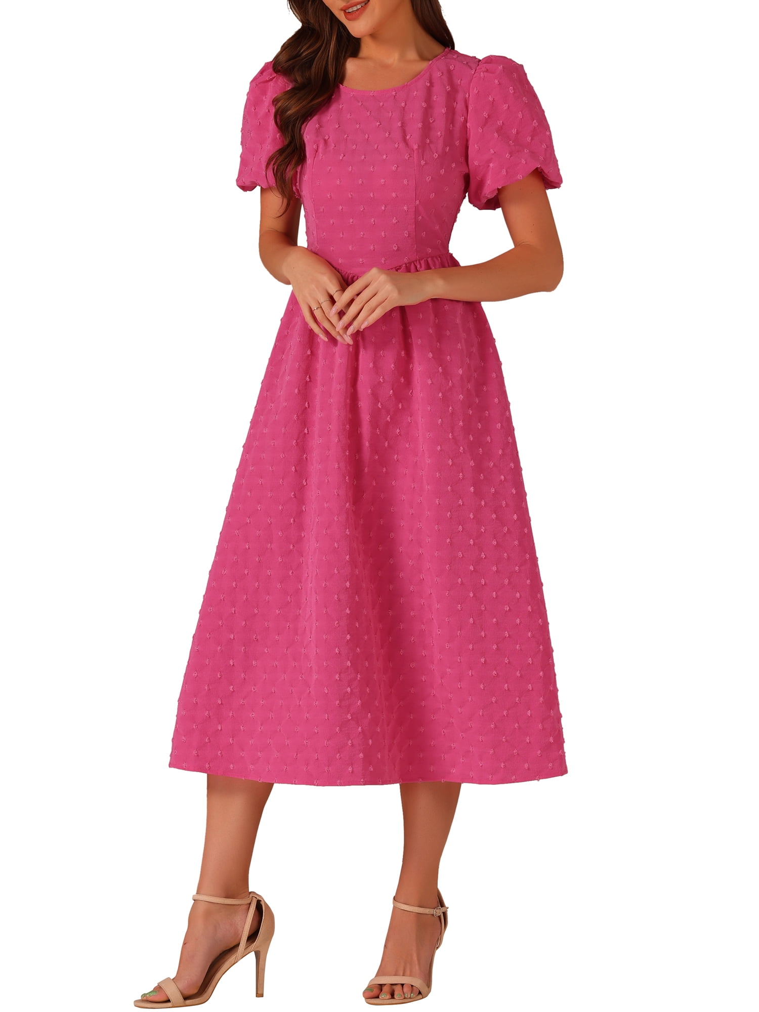 INSPIRE CHIC Women's Dress Summer Puff Sleeve Round Neck Solid Textured ...