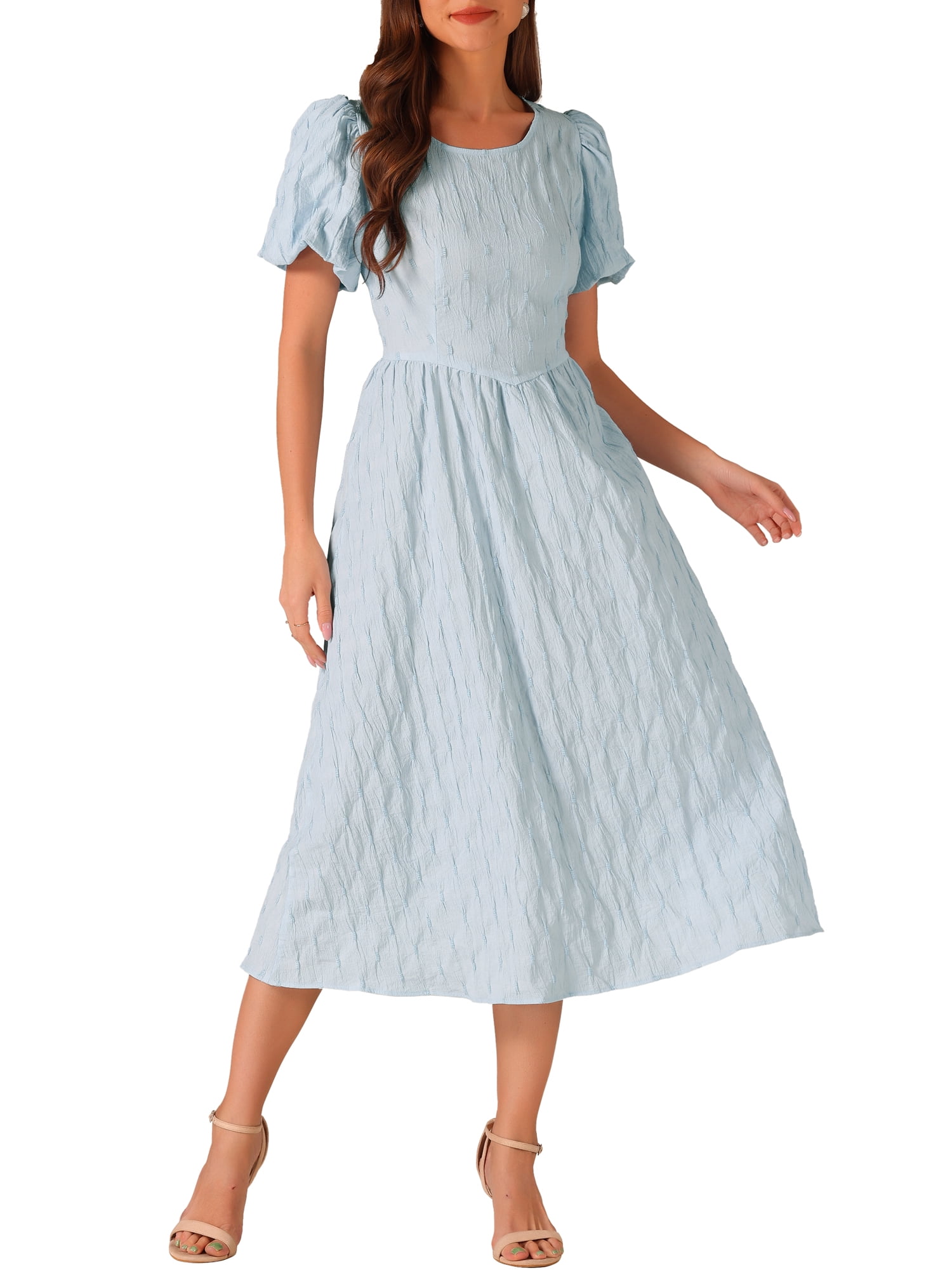 INSPIRE CHIC Women's Dress Summer Puff Sleeve Round Neck Solid Textured ...