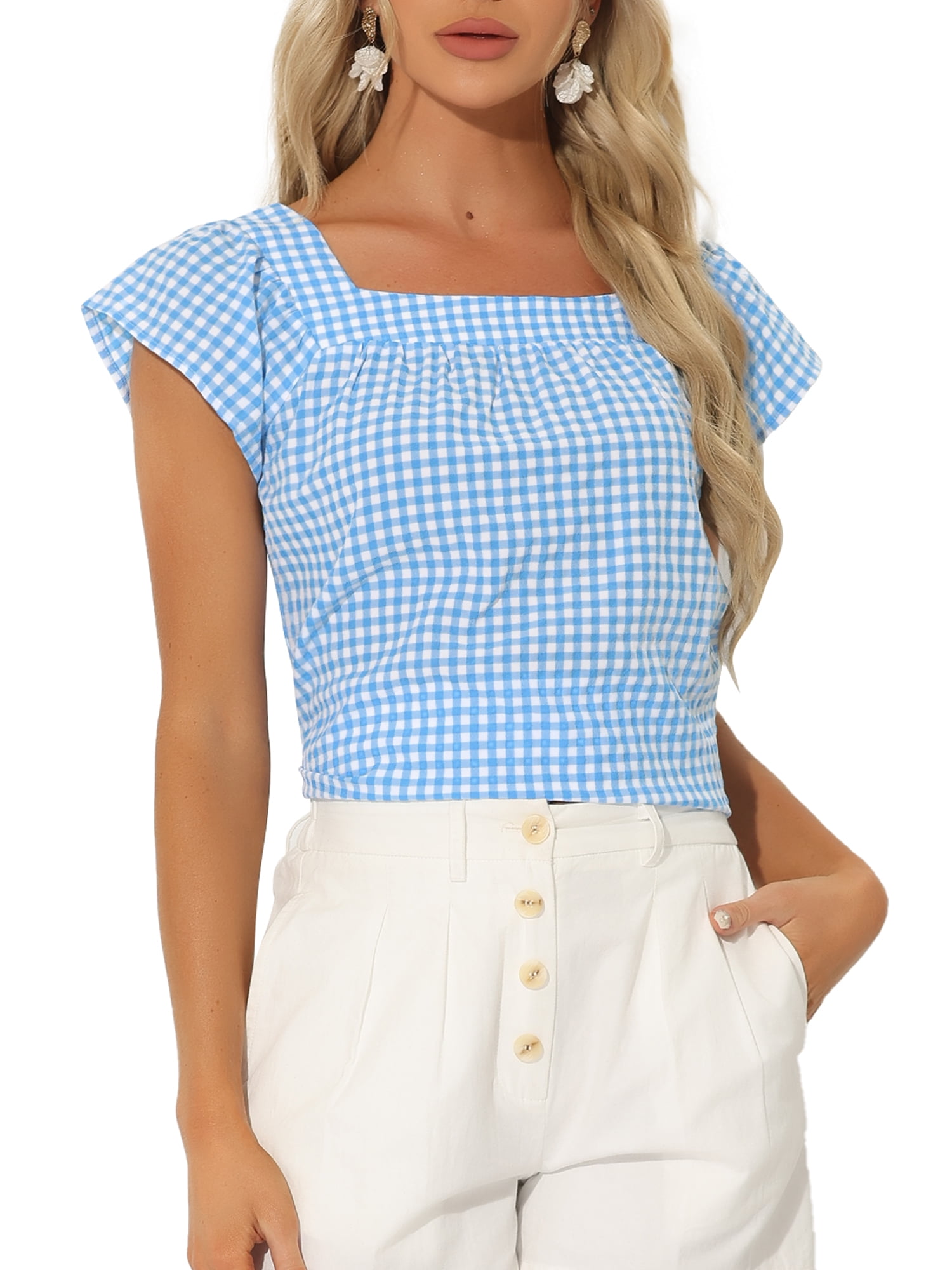 INSPIRE CHIC Women's Top Summer Square Neck Gingham Cap Sleeve Blouses ...