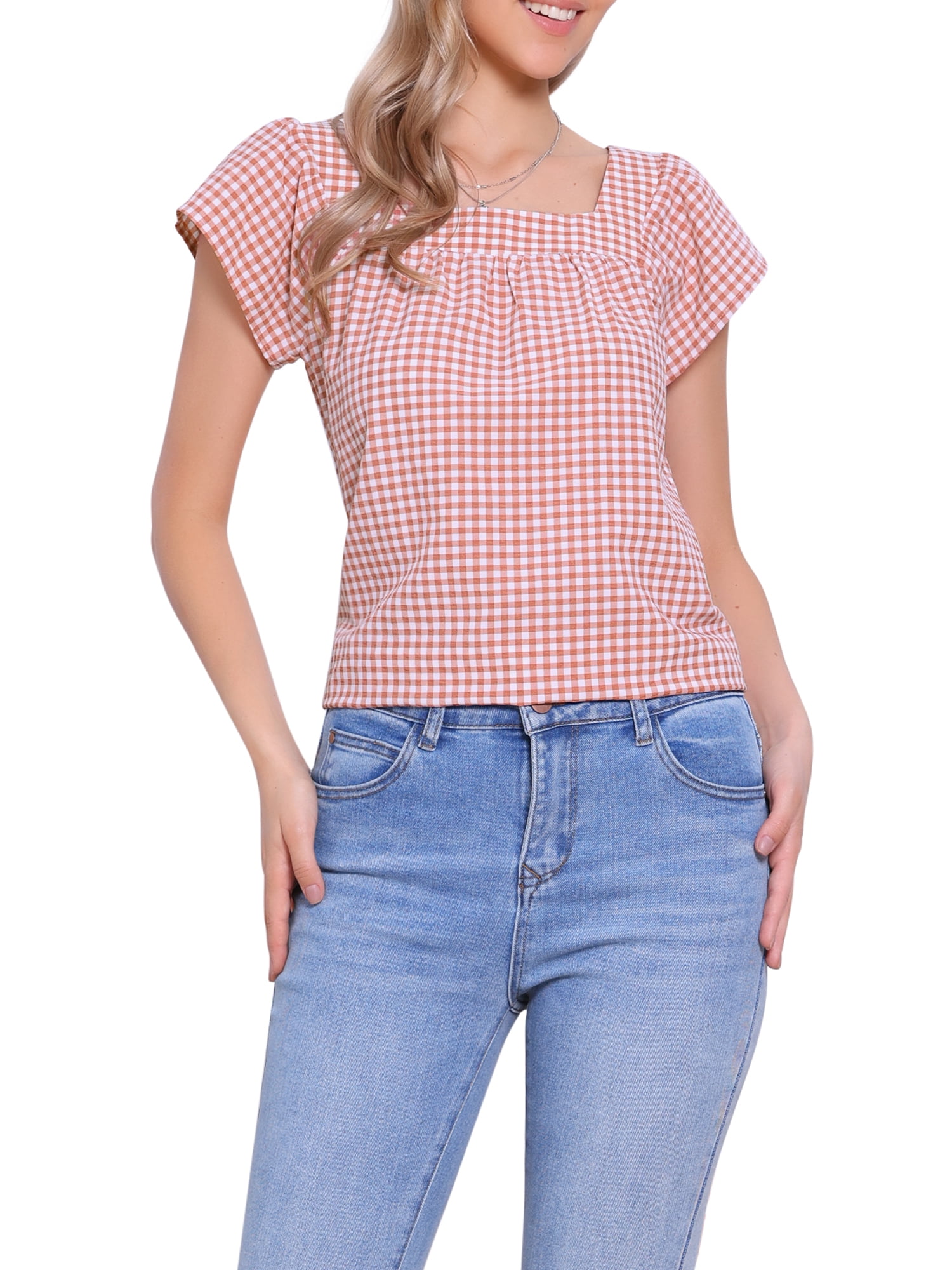 Allegra K Summer Square Neck Gingham Tops for Women's Cap Sleeve ...
