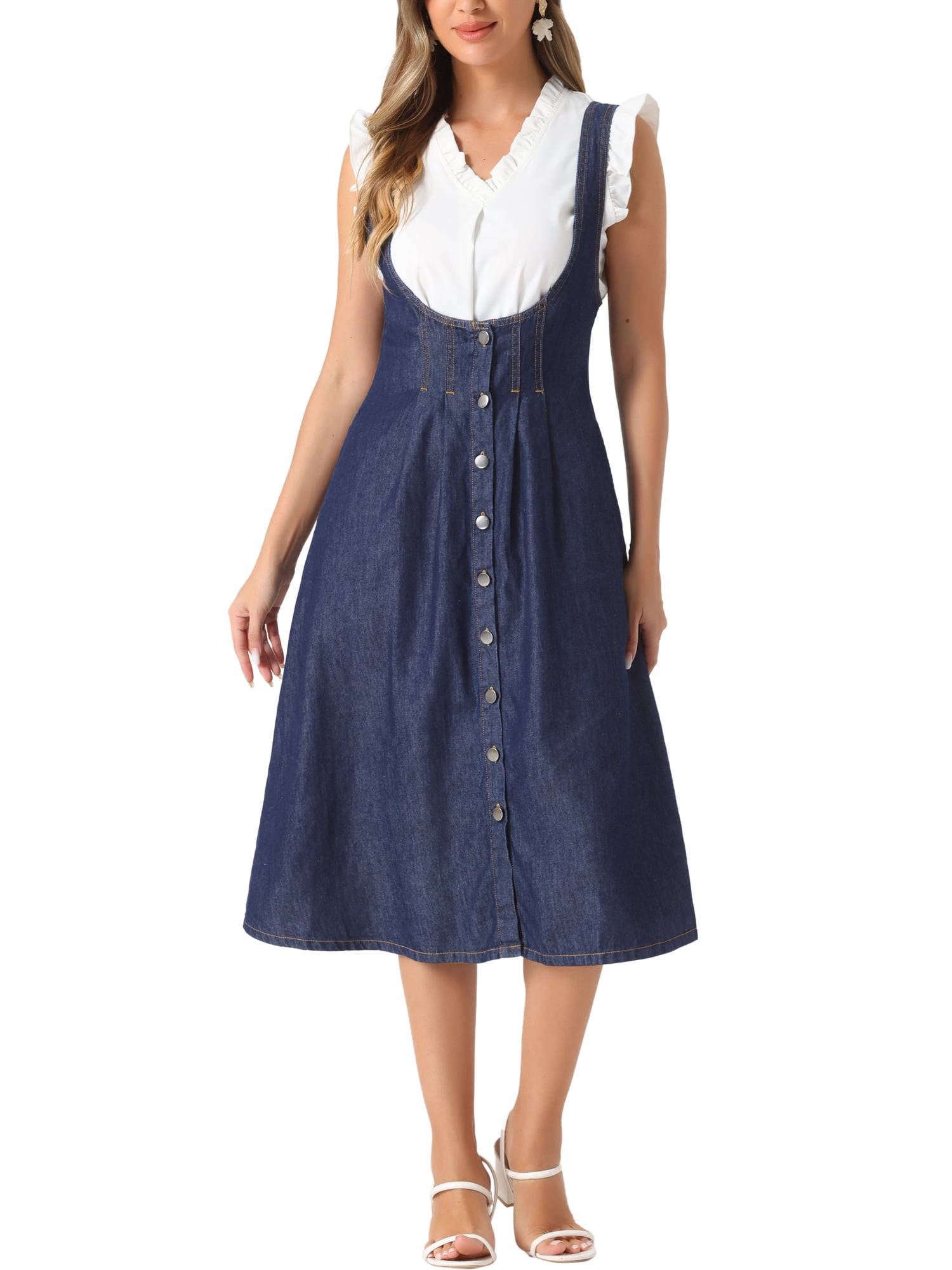 INSPIRE CHIC Suspender Dress for Women's Button Front Classic U Neck ...