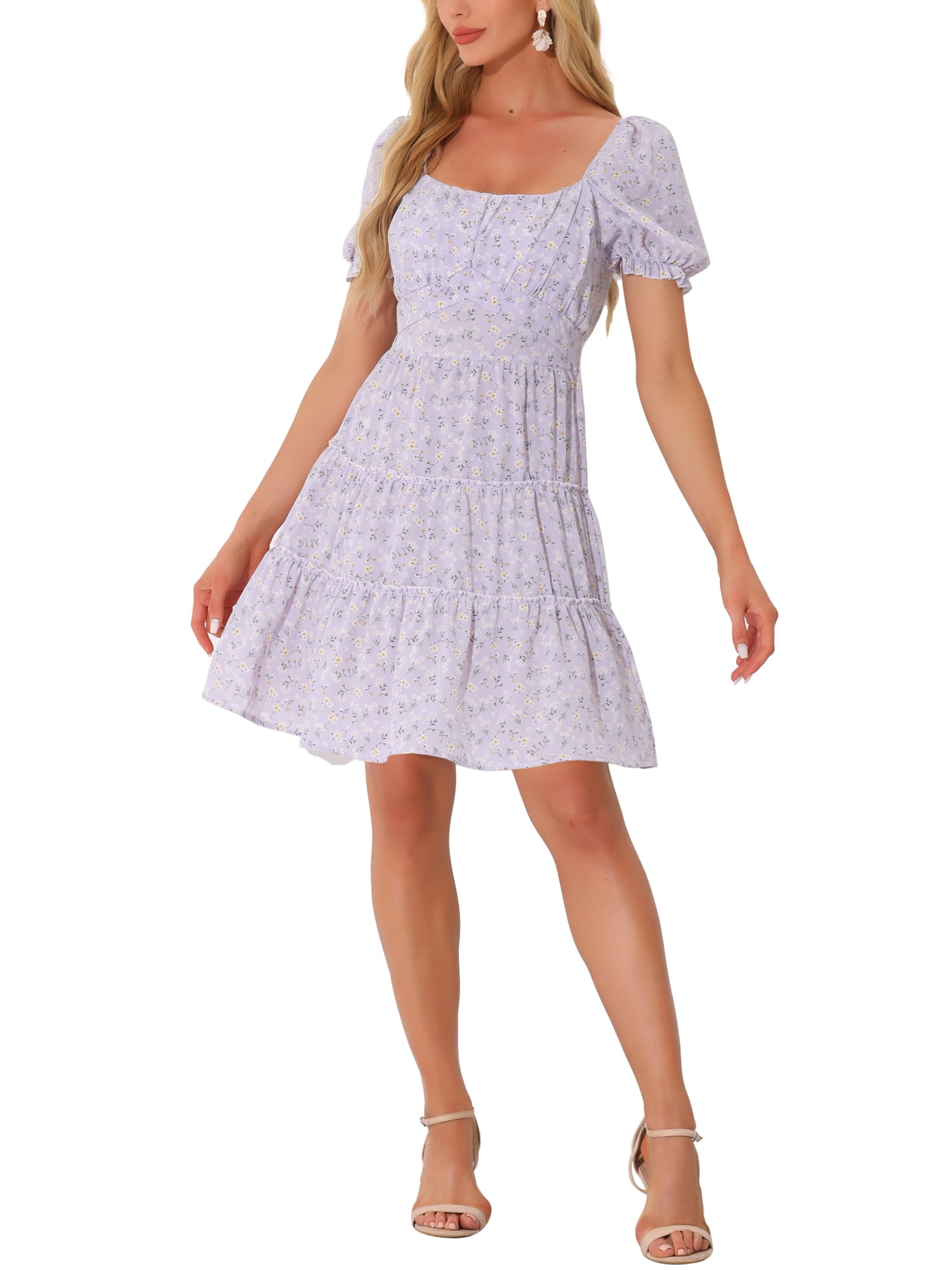 INSPIRE CHIC Tie Floral Dresses for Women's Summer Square Neck Puff ...