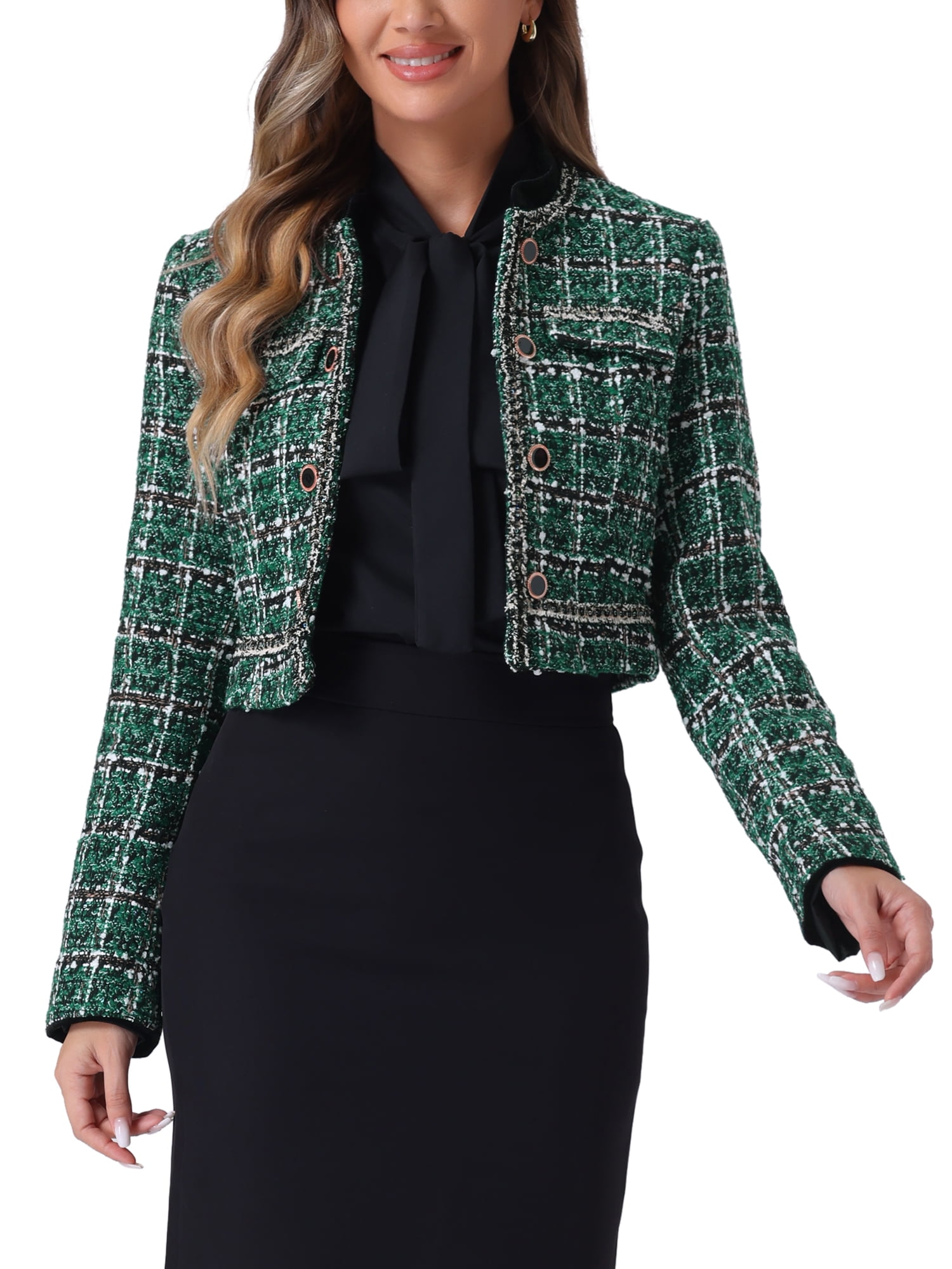 INSPIRE CHIC Tweed Cropped Jacket for Women's Stand Collar Double Breasted Office Elegant Plaid ...