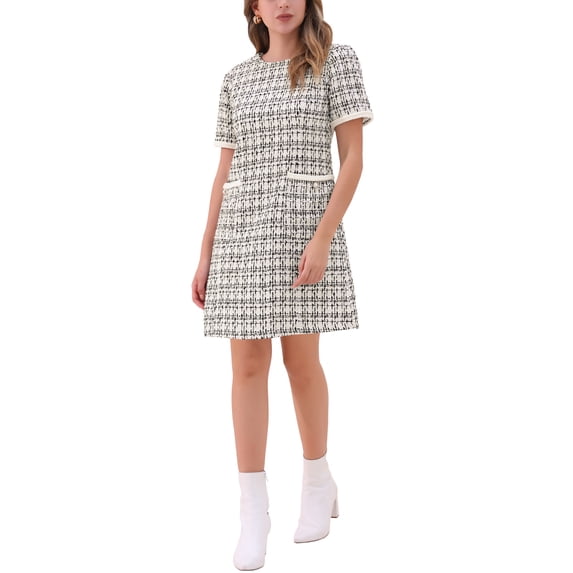 INSPIRE CHIC Women's Dress Tweed Crew Neck Short Sleeve Vintage Mini ...