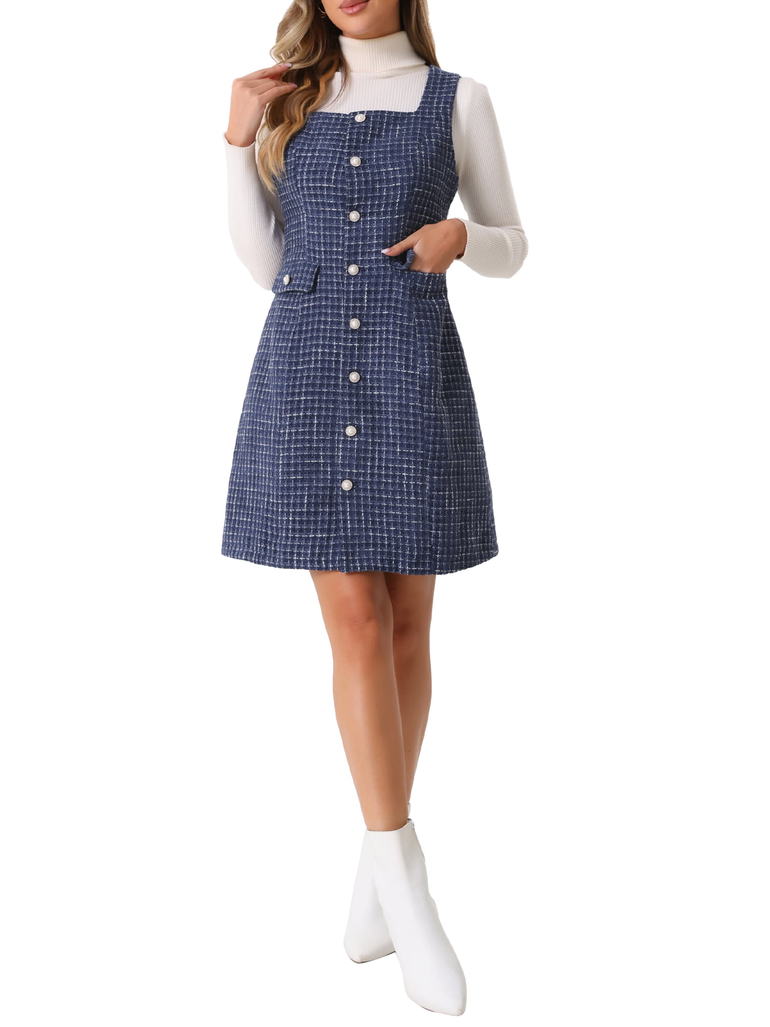 INSPIRE CHIC Tweed Dress for Women's Sleeveless Square Neck Button Down ...