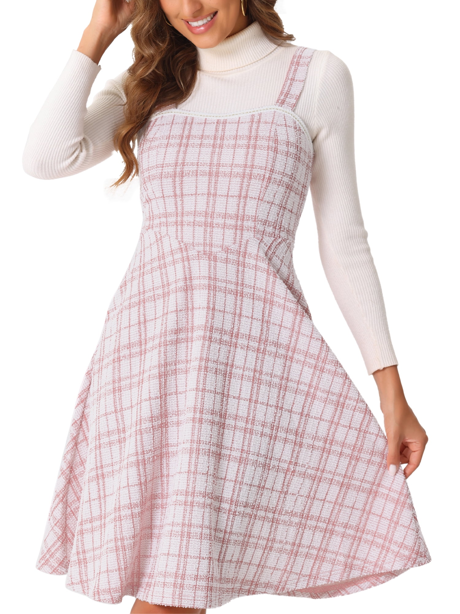 Allegra K Tweed Dress for Women's Square Neck Plaid A-Line Pinafore ...