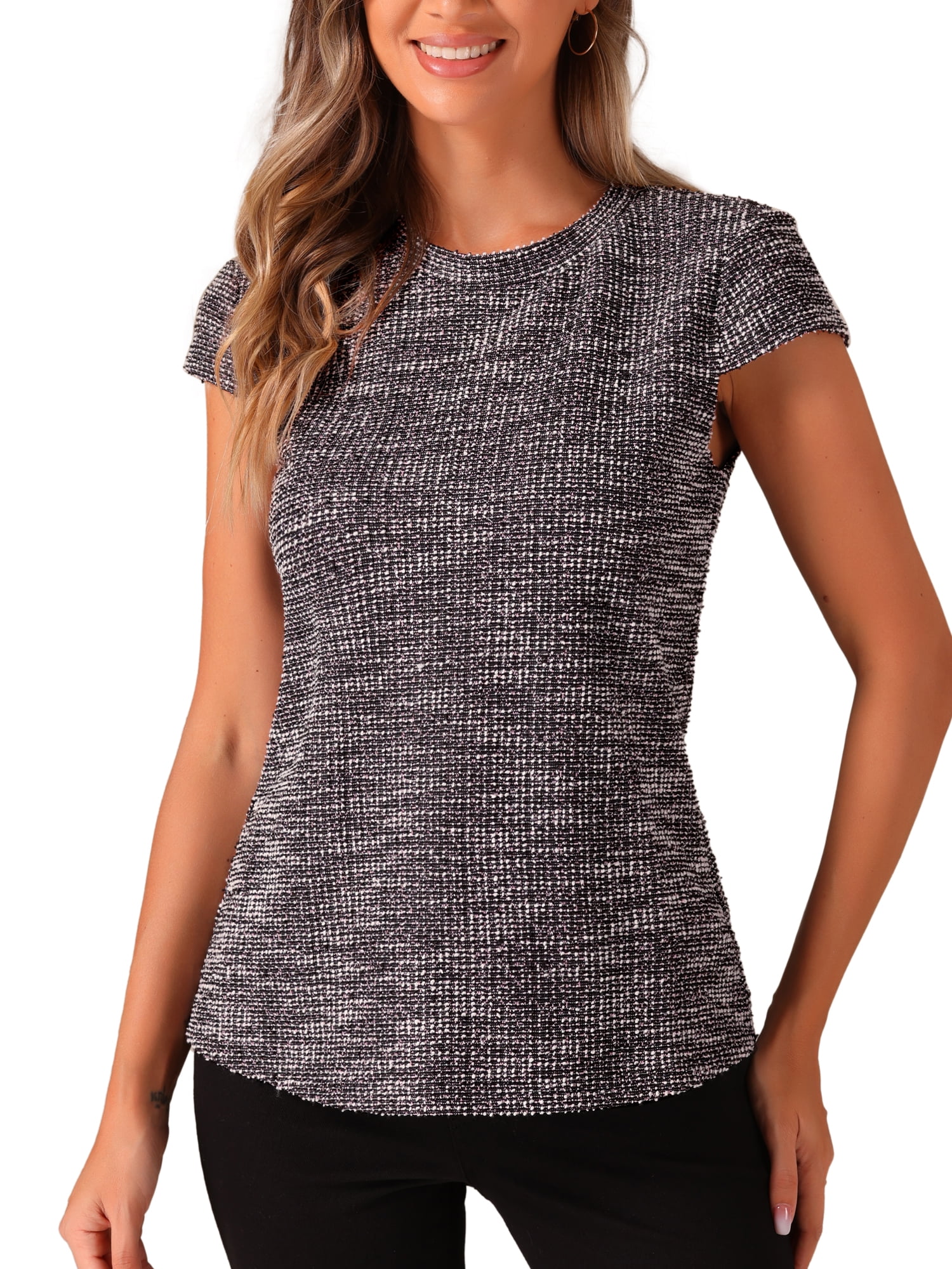 INSPIRE CHIC Women's Tweed Tops Marled Pattern Cap Sleeve Casual Summer ...
