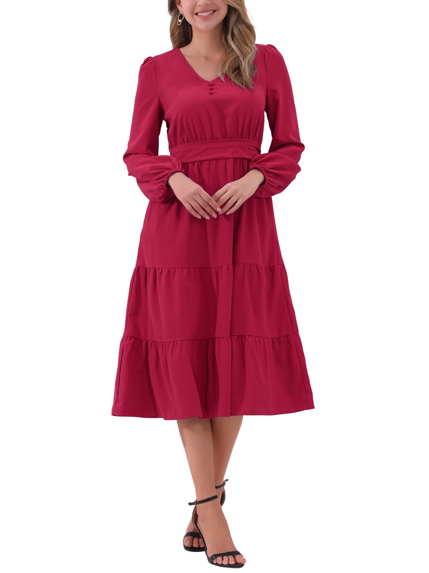 INSPIRE CHIC V Neck Dress for Women's Lantern Sleeve Ruffle A-Line ...
