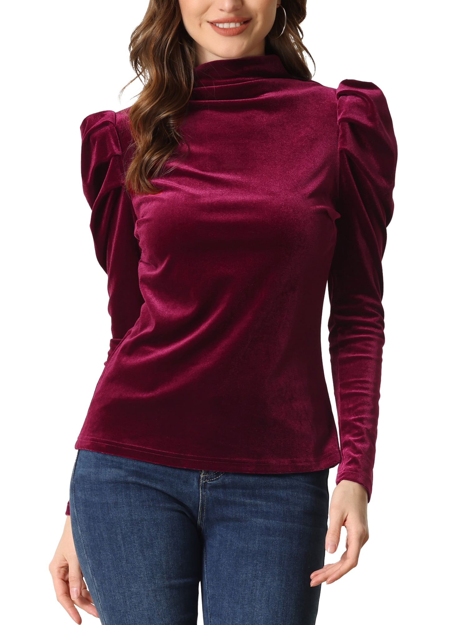 INSPIRE CHIC Velvet Top for Women's VintageTurtleneck Puff Long Sleeve ...