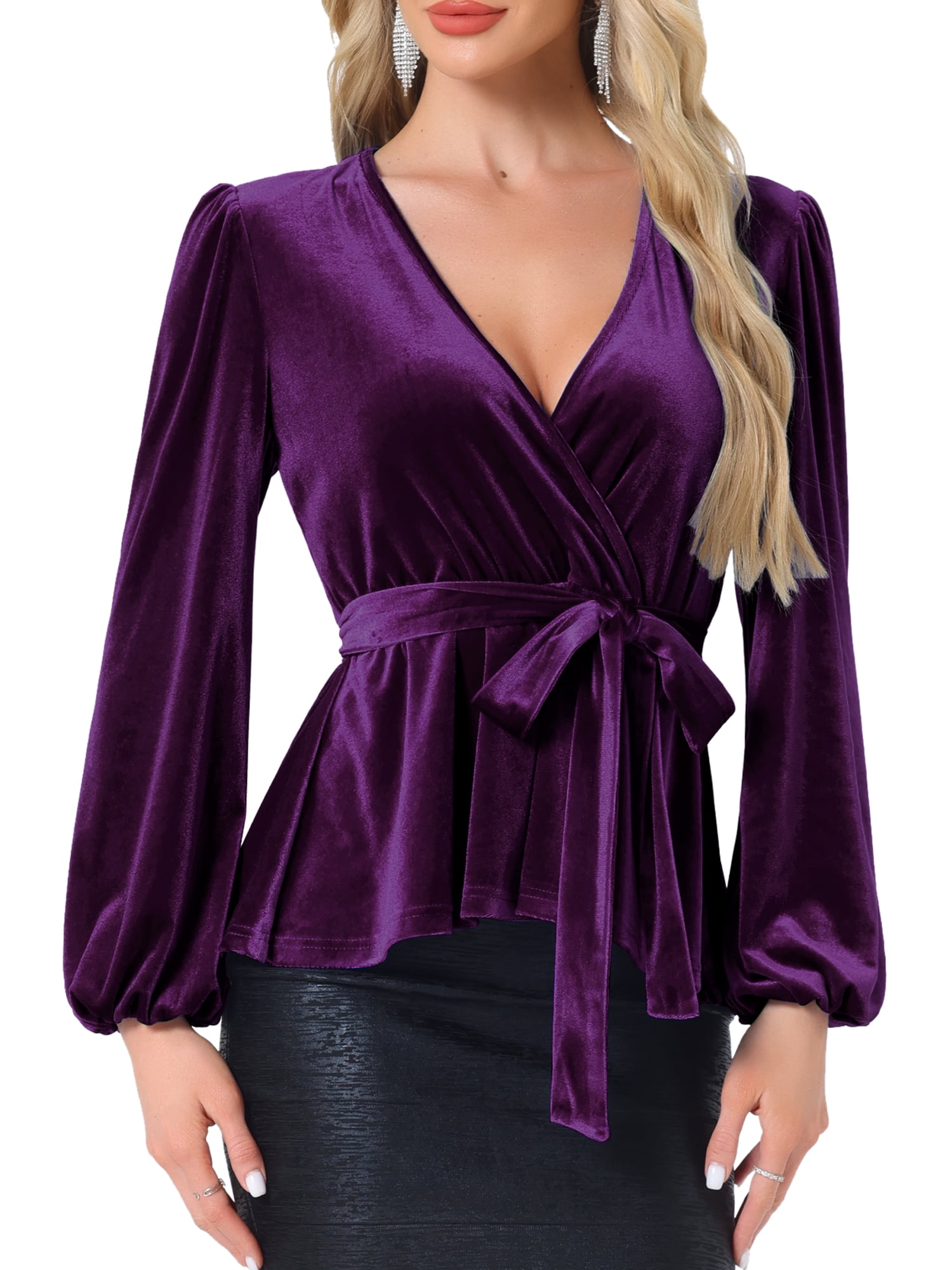 INSPIRE CHIC Velvet Blouses for Women's Elegant Tie Waist Long Sleeve V ...