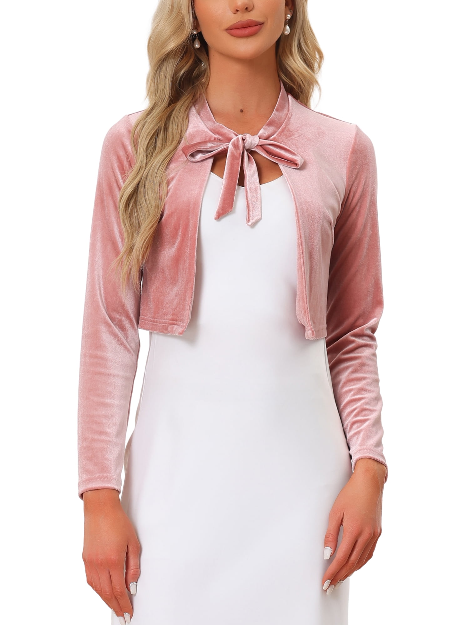 Allegra K Velvet Crop Shrug for Women's Tie Front Long Sleeve Elegant ...