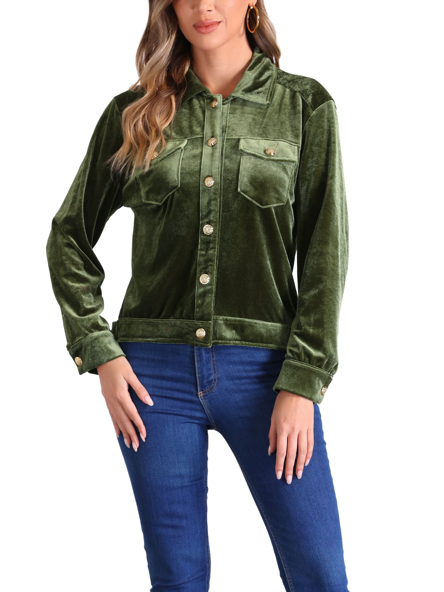 INSPIRE CHIC Velvet Jacket for Women's Button Up Long Sleeve Crop ...