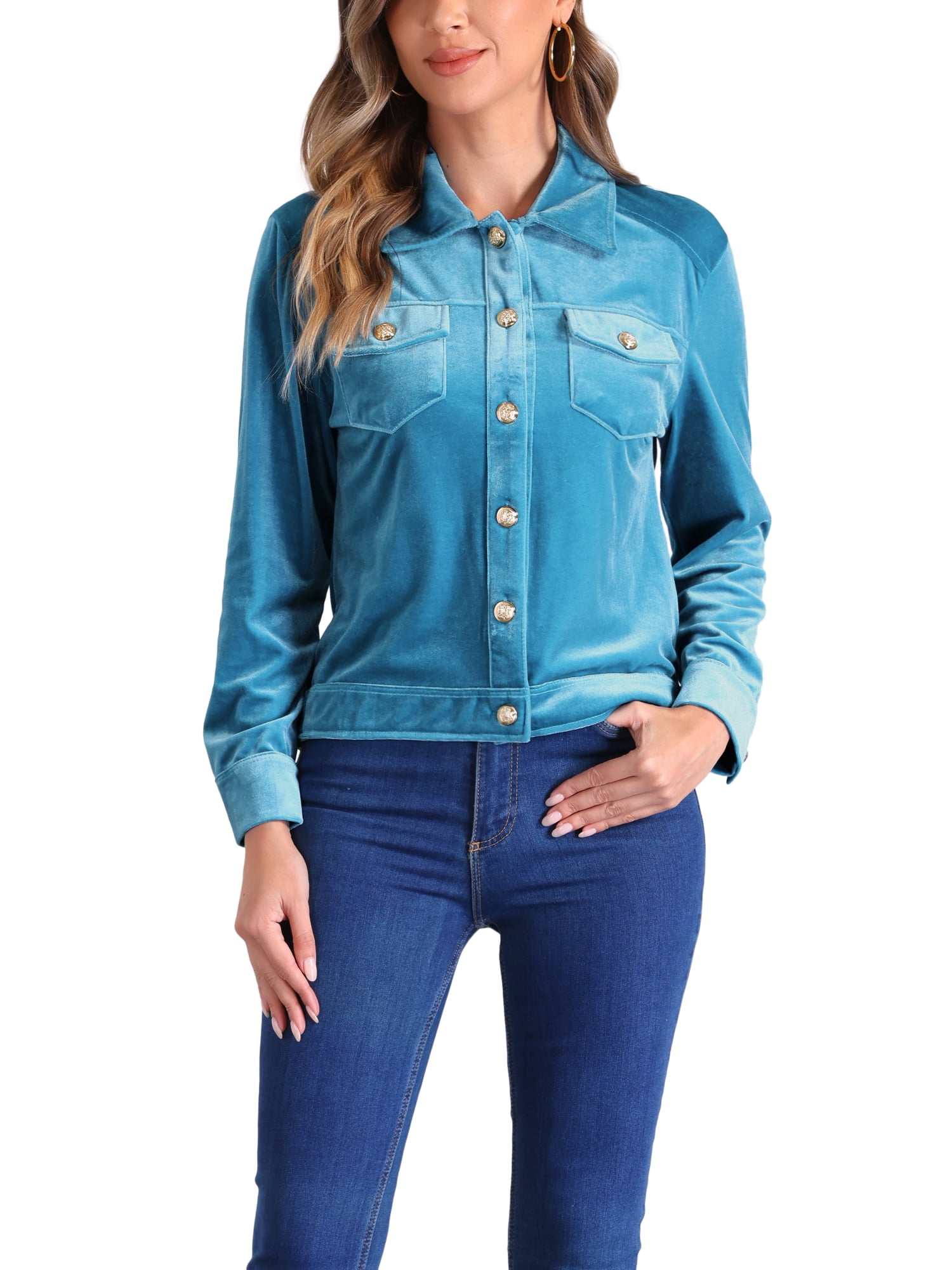 INSPIRE CHIC Velvet Jacket for Women's Button Up Long Sleeve Crop ...