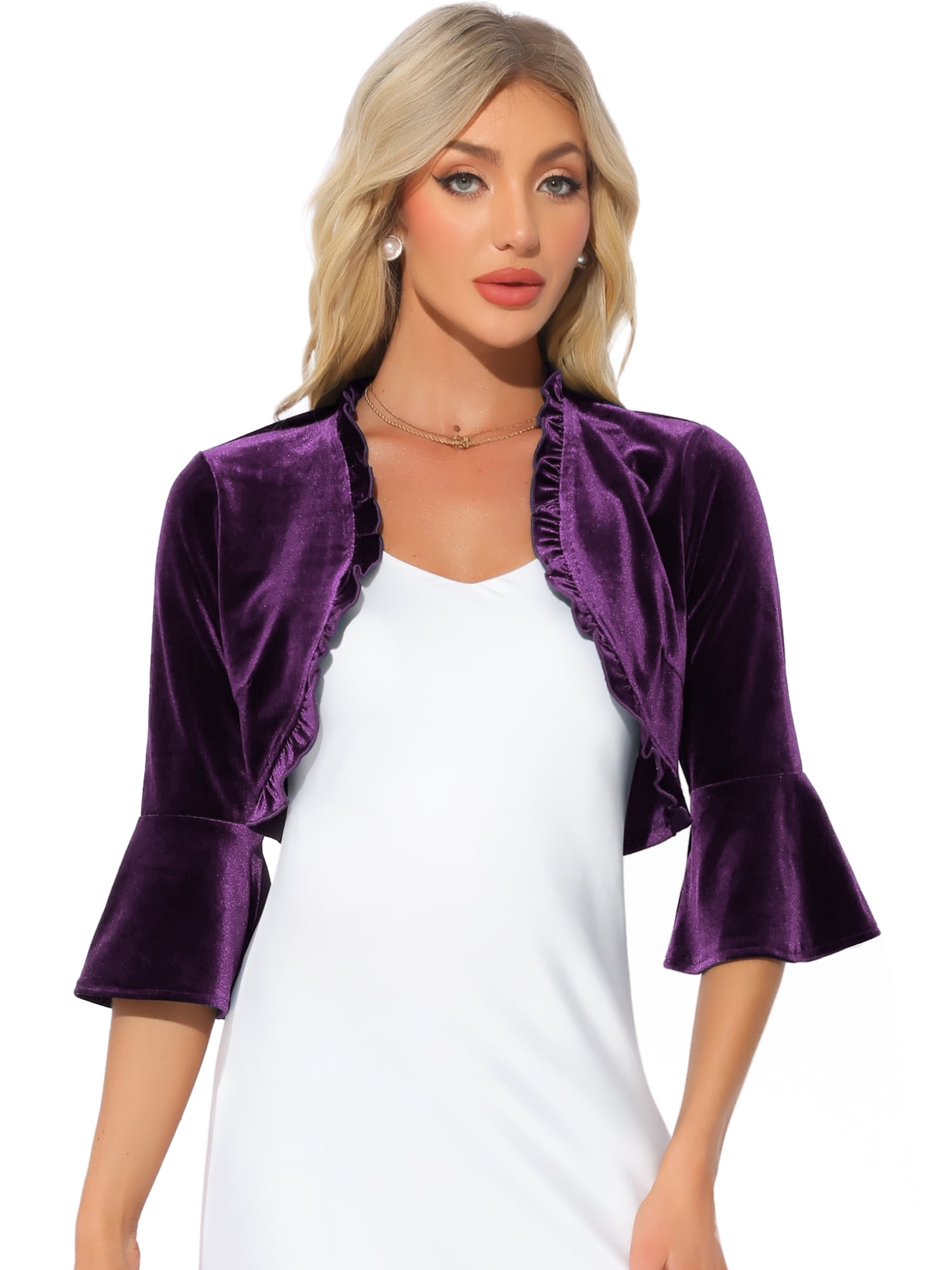 INSPIRE CHIC Women's Cardigan Velvet Shrug 3/4 Sleeve Open Front ...