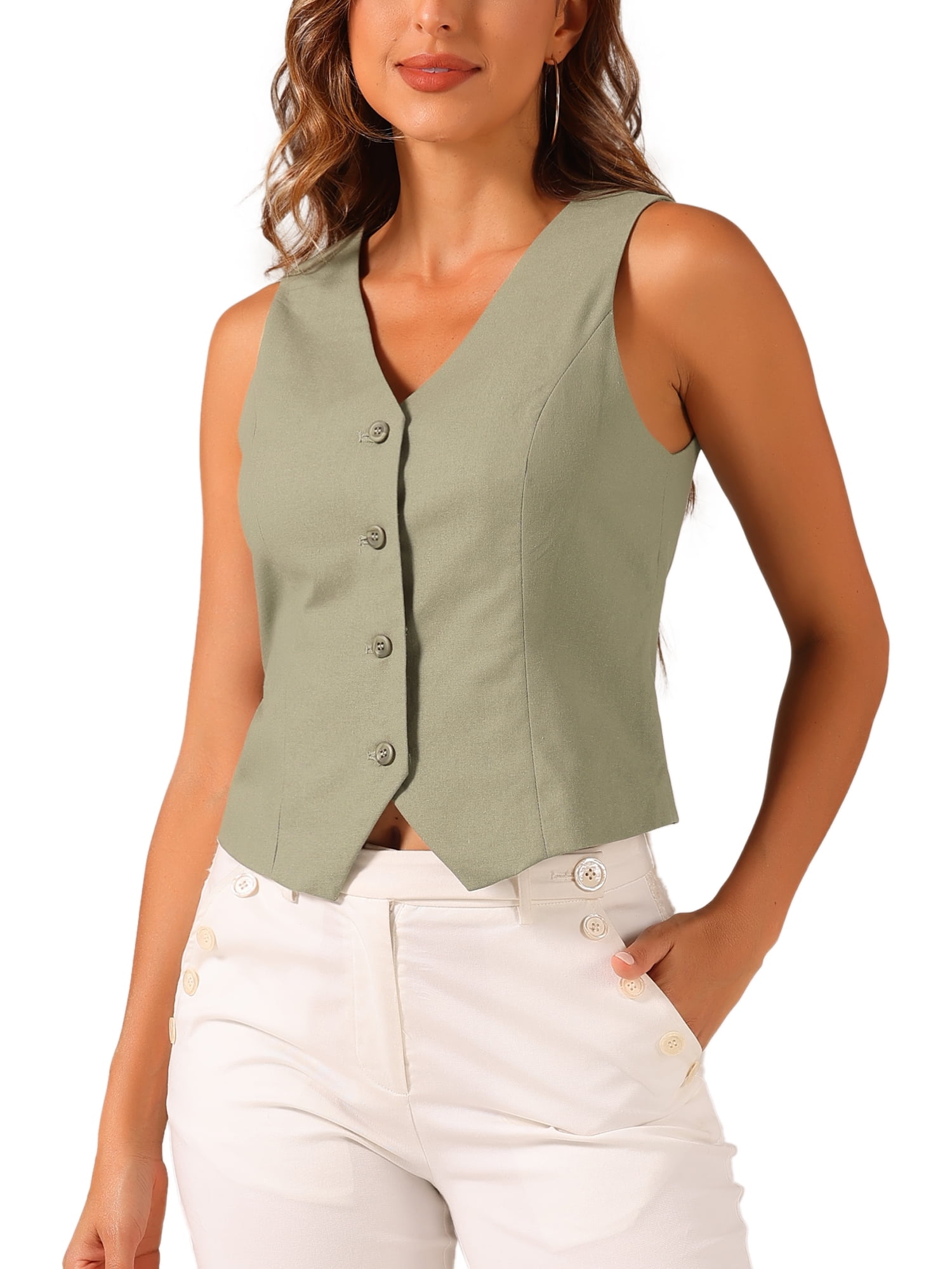 Allegra K Women's Sleeveless Vest Waistcoat, Button Down V Neck Crop ...