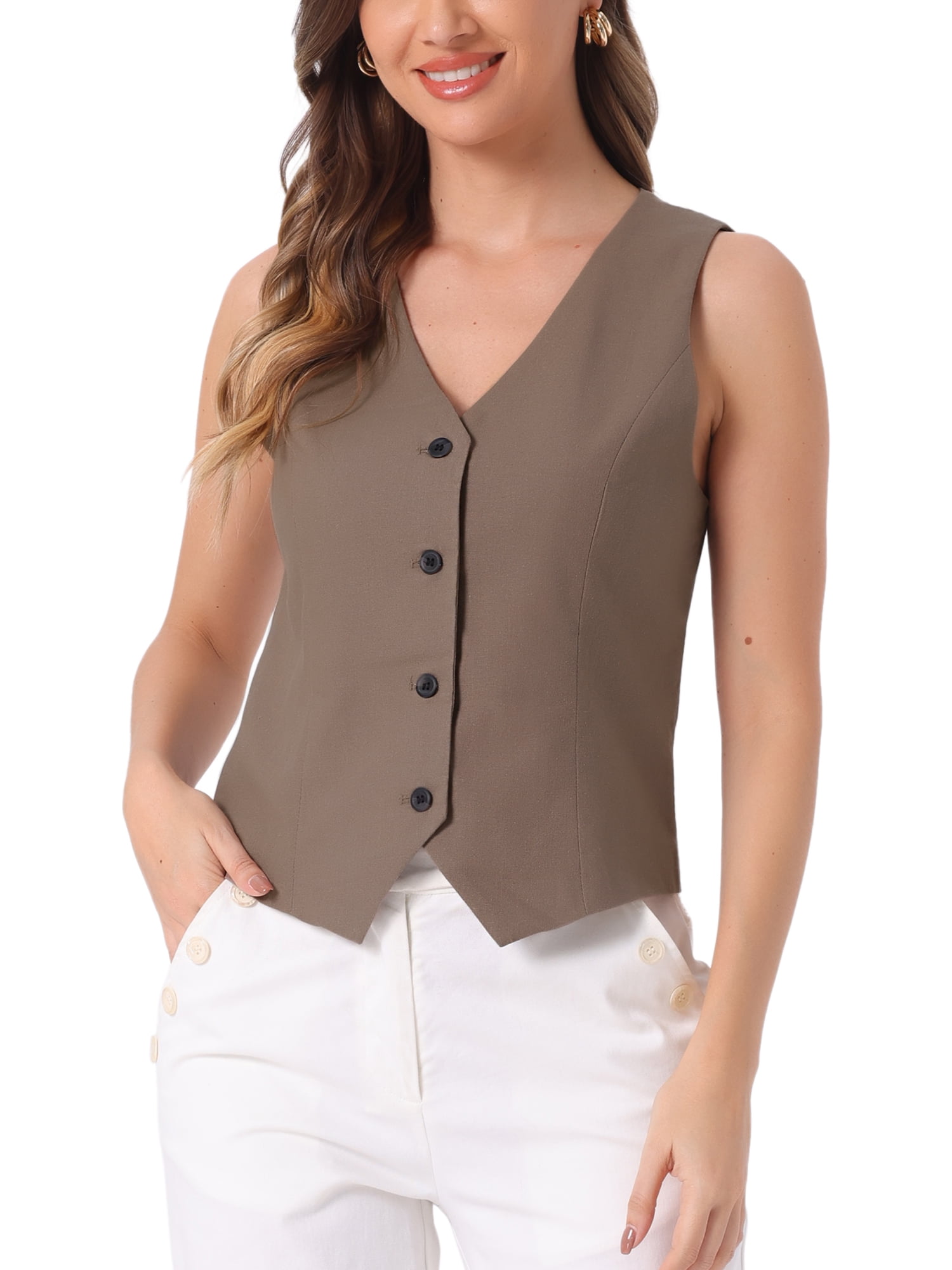 INSPIRE CHIC Women's Vest Sleeveless Button Down V Neck Crop Waistcoat ...