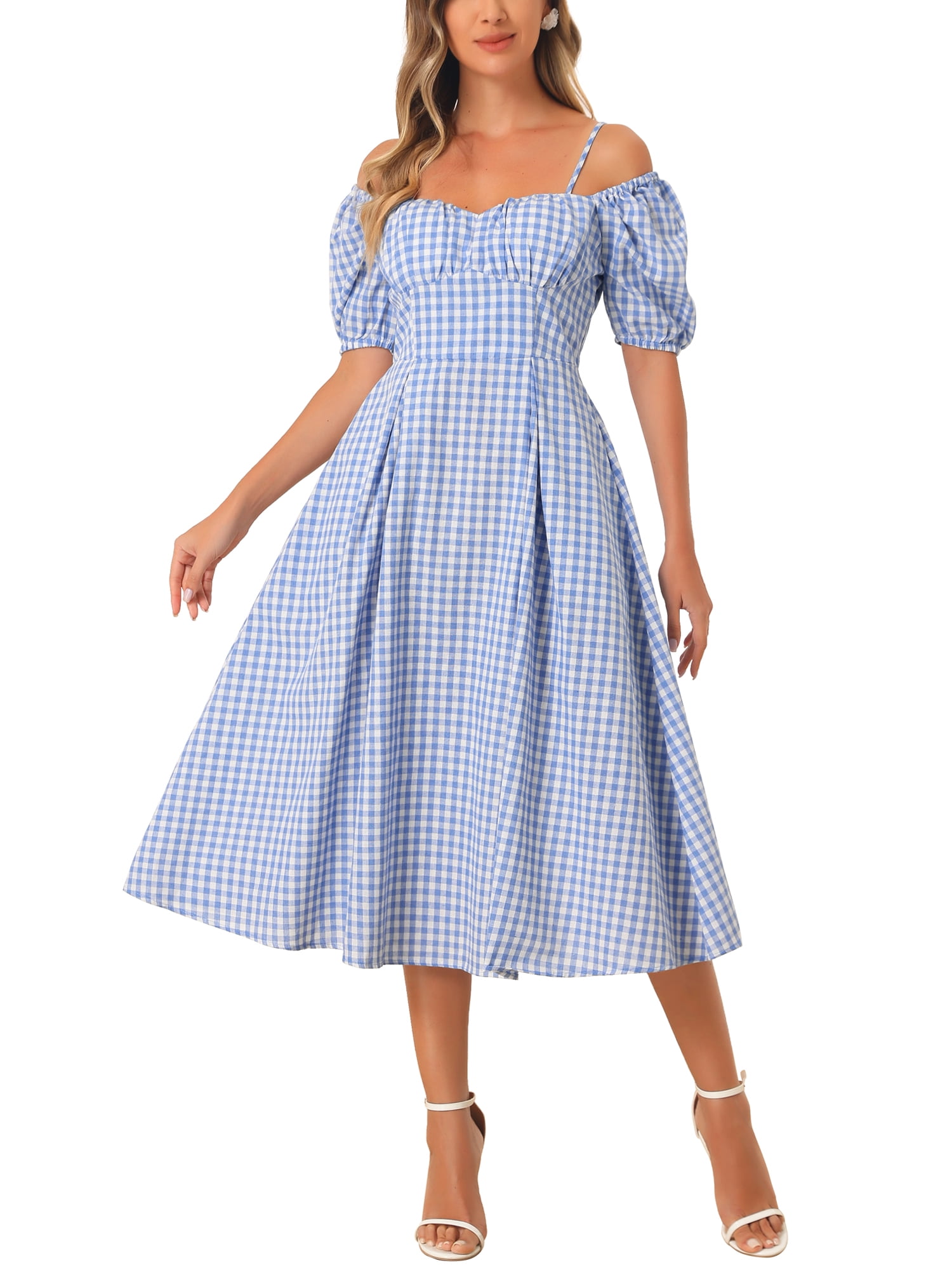Allegra K Vintage Gingham Dress for Women's Spaghetti Straps Off ...