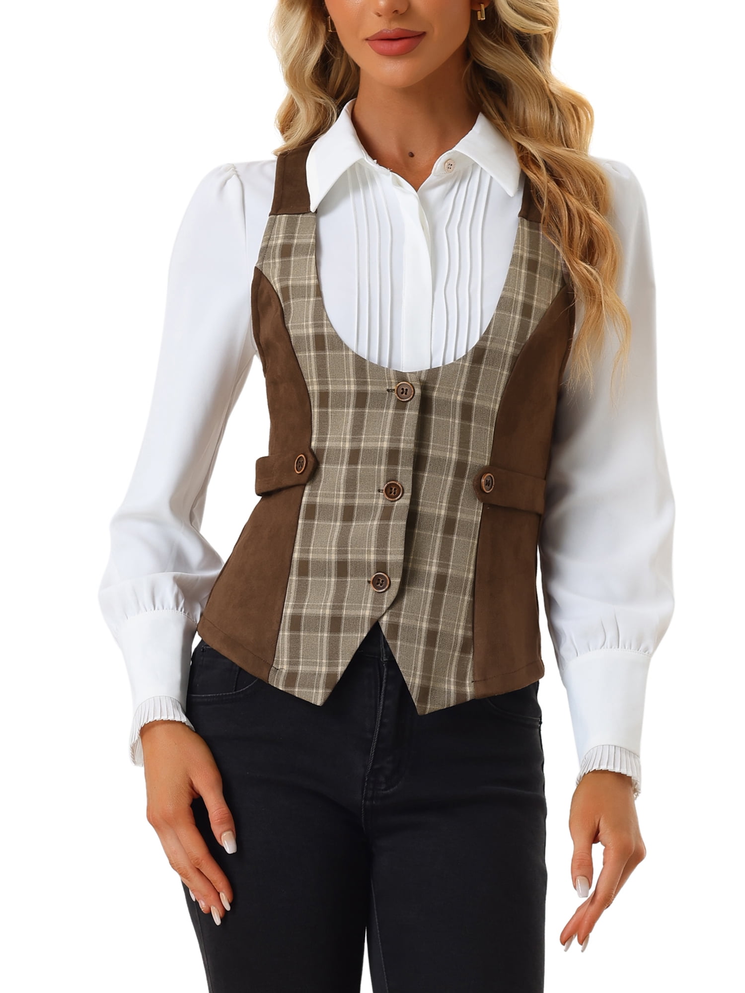 Allegra K Vintage Waistcoat Vest for Women's Plaid Button Down ...