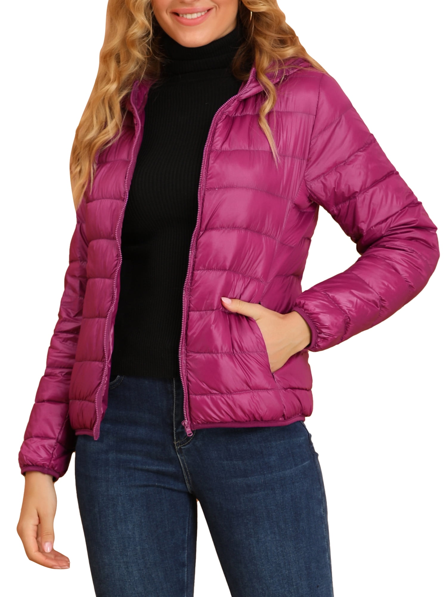 Allegra K Women Hooded Long Sleeves Zip Up Lightweight Packable Puffer ...