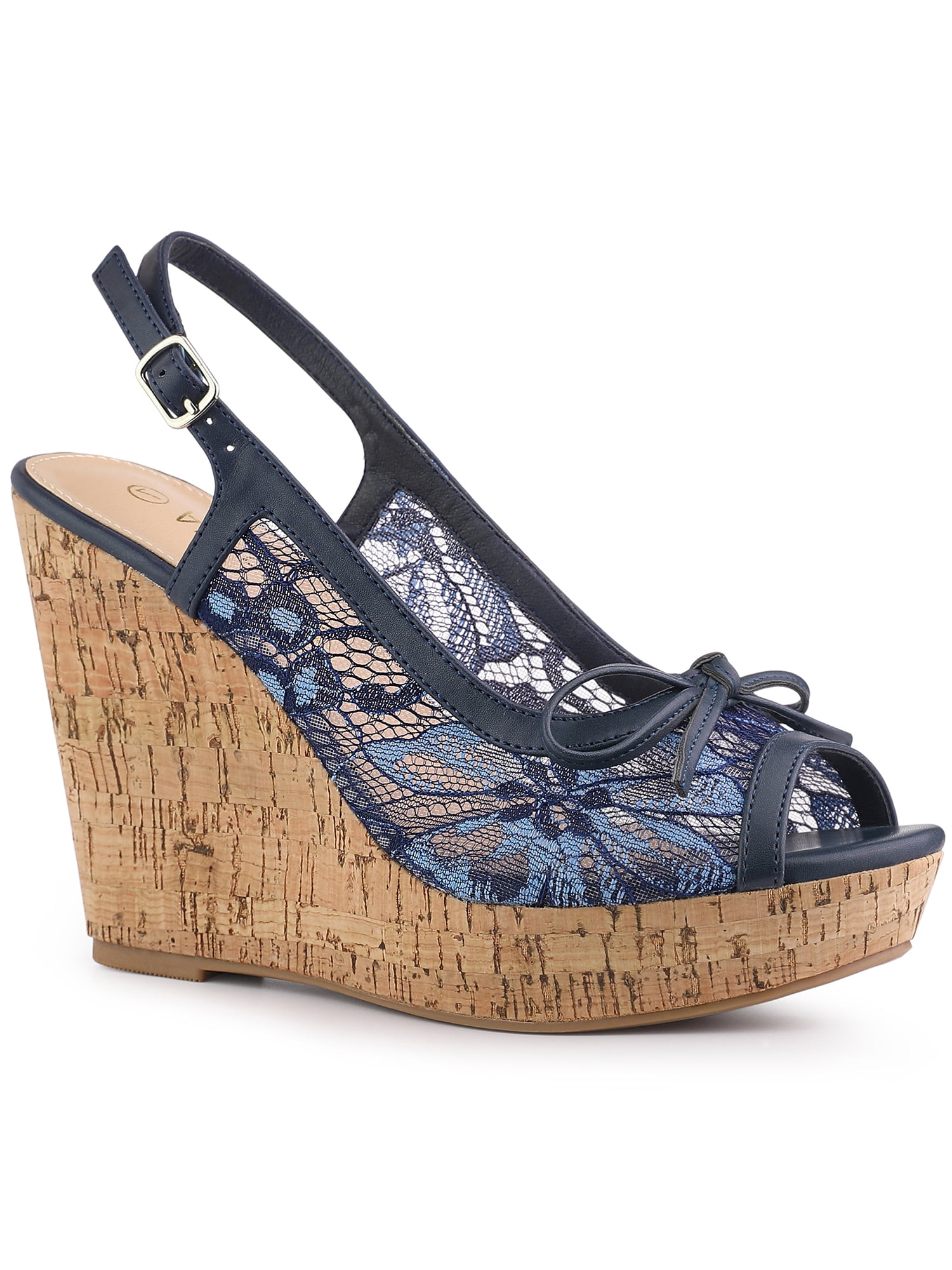 Allegra K Women Lace Platform Wedges Wedge Heel Sandals Deep Blue (Size ...