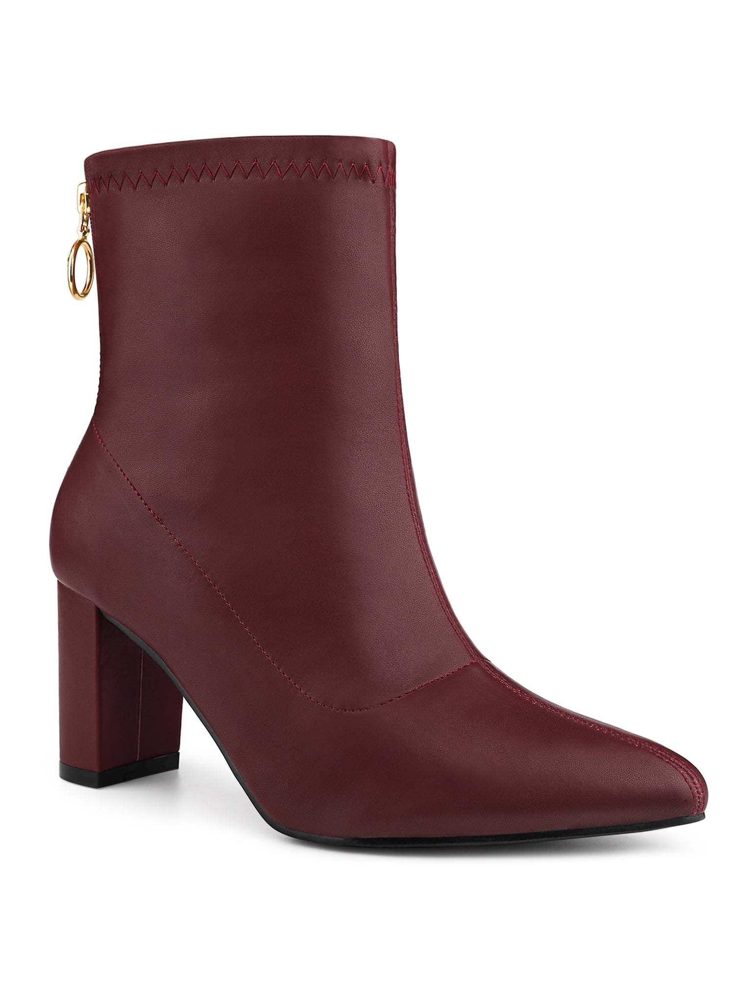 Allegra K Women Pointy Toe Back Zip Block Heel Ankle Boots Burgundy 8 ...