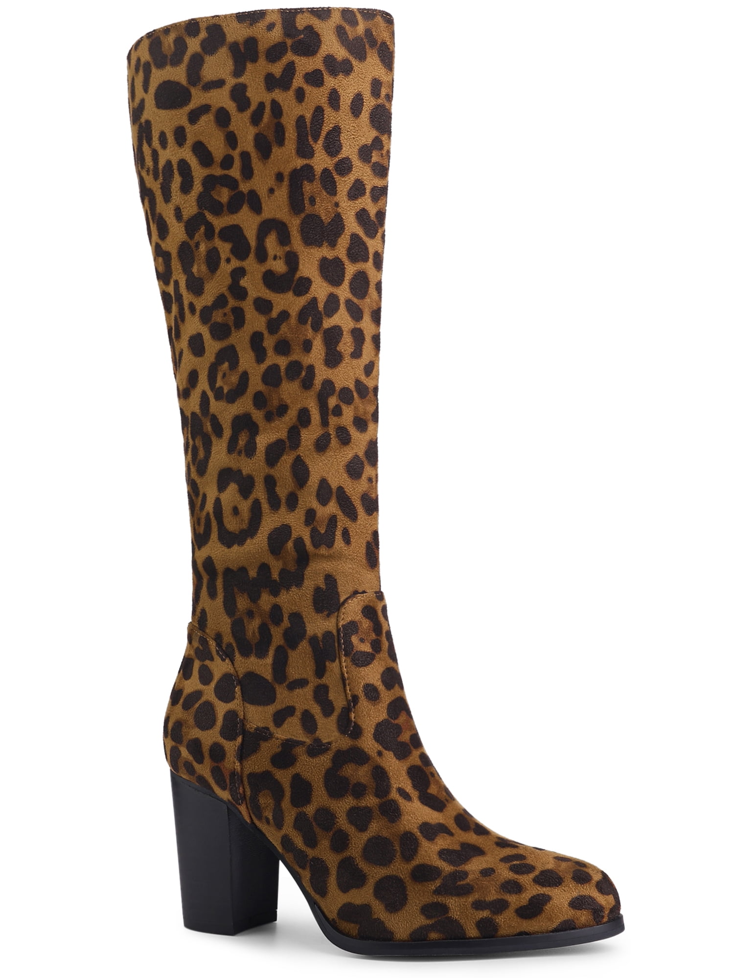 Allegra K Women Round Toe Block Heeled Knee High Boots Leopard 7.5 ...