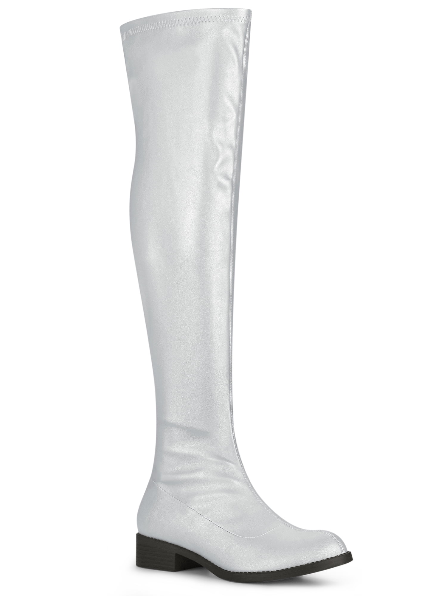 BLISSFUL STEP Women's Round Toe Block Heel Over Knee High Boots Silver ...