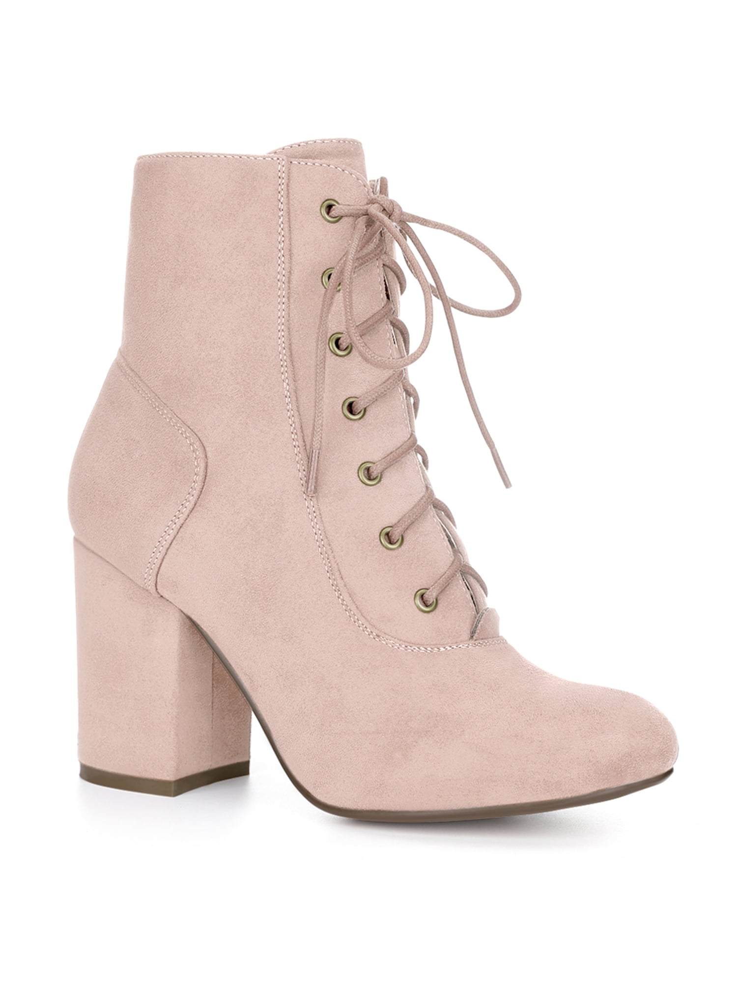 BLISSFUL STEP Women Round Toe Block High Heel Lace Up Booties Dust Pink ...