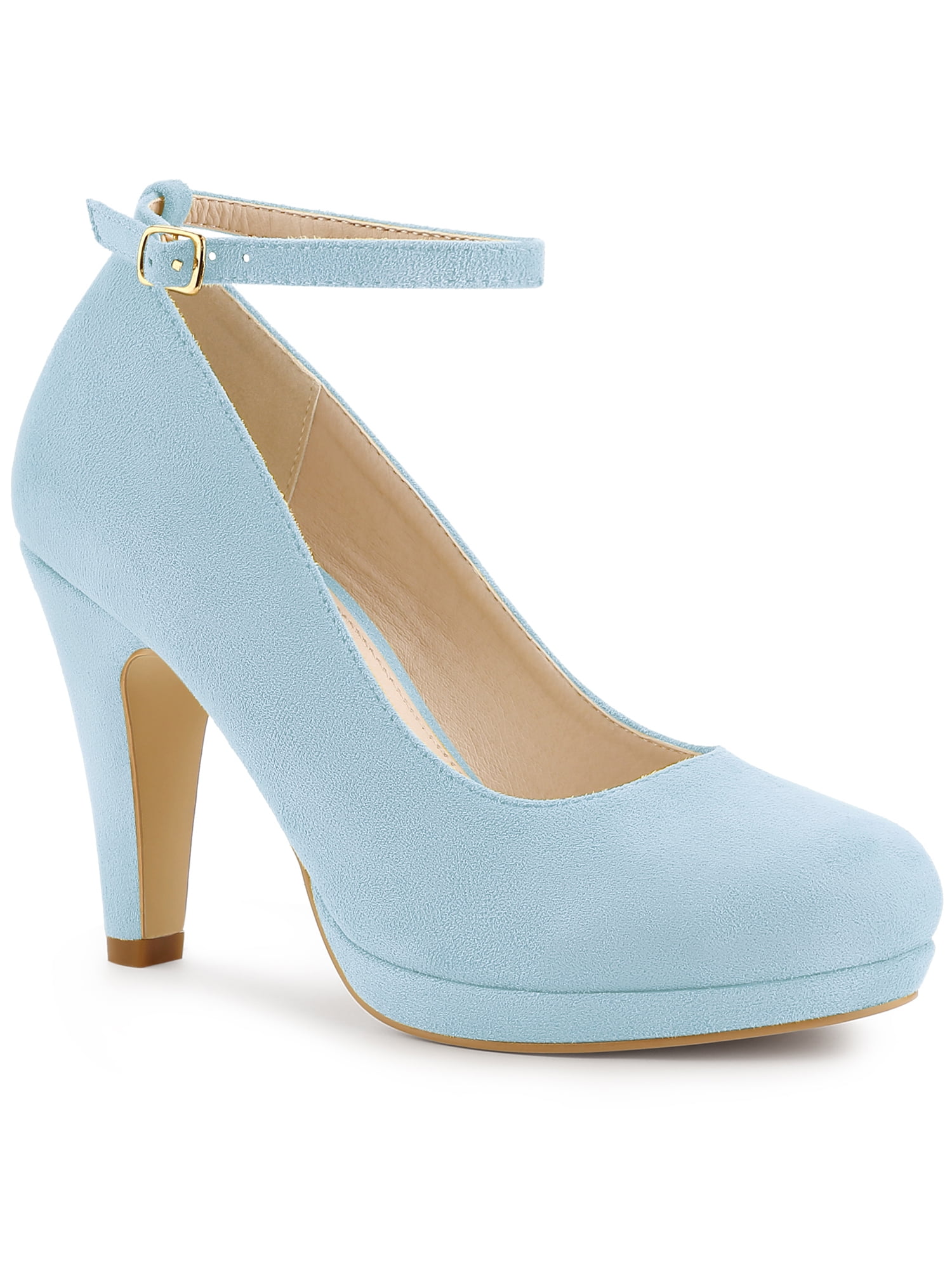BLISSFUL STEP Women Round Toe Stiletto Heel Ankle Strap Pumps Sky Blue ...