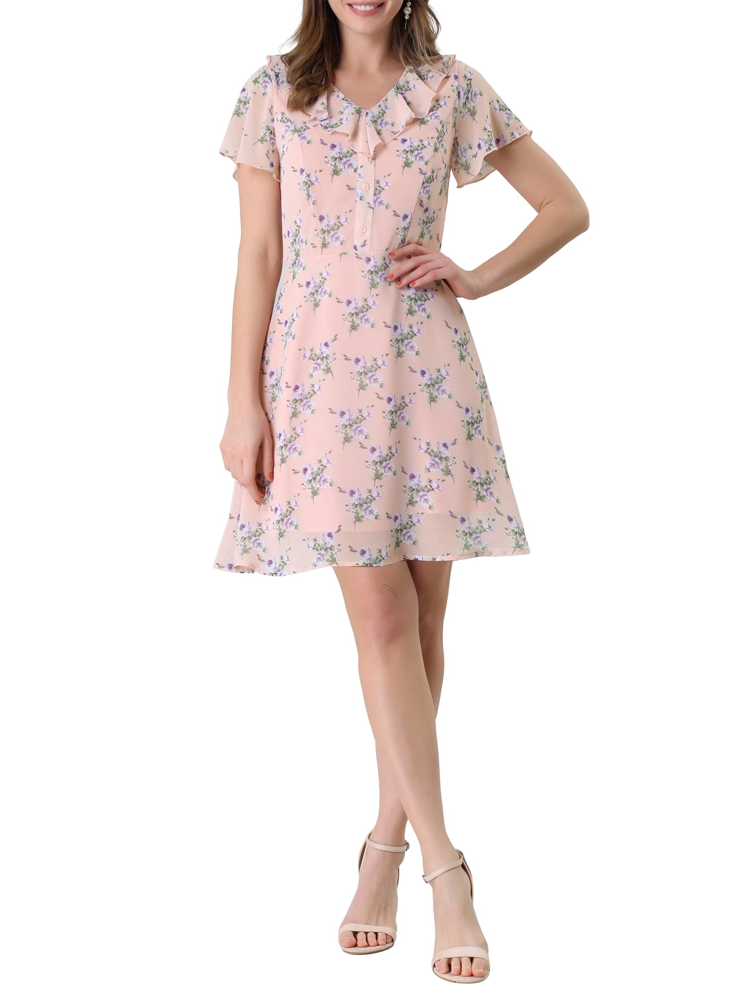 Allegra K Women Ruffle Neck Chiffon Floral Short Sleeve High Waisted ...