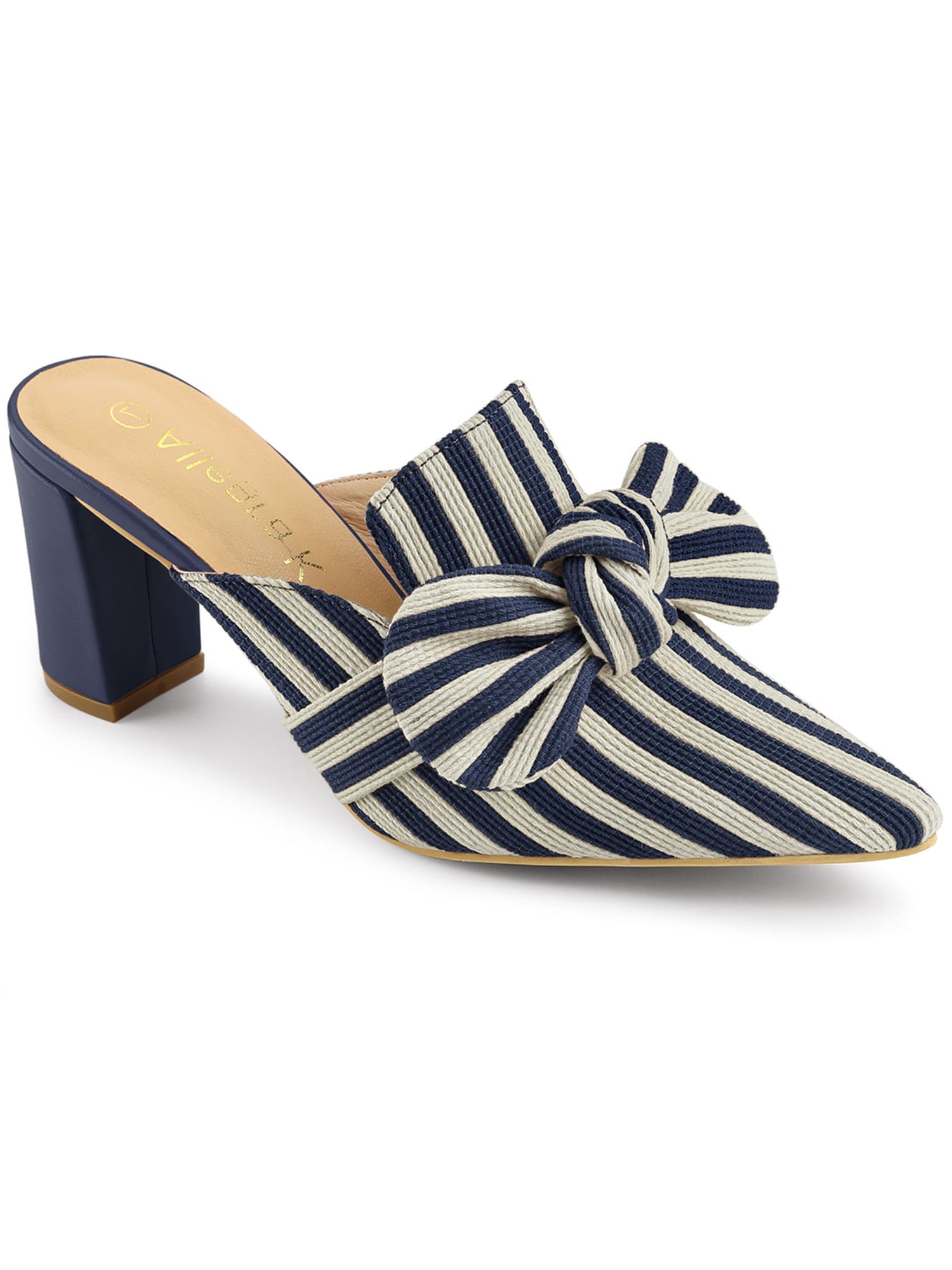 BLISSFUL STEP Women Stripe Bow Pointed Toe Block Heel Slides Mules Blue ...
