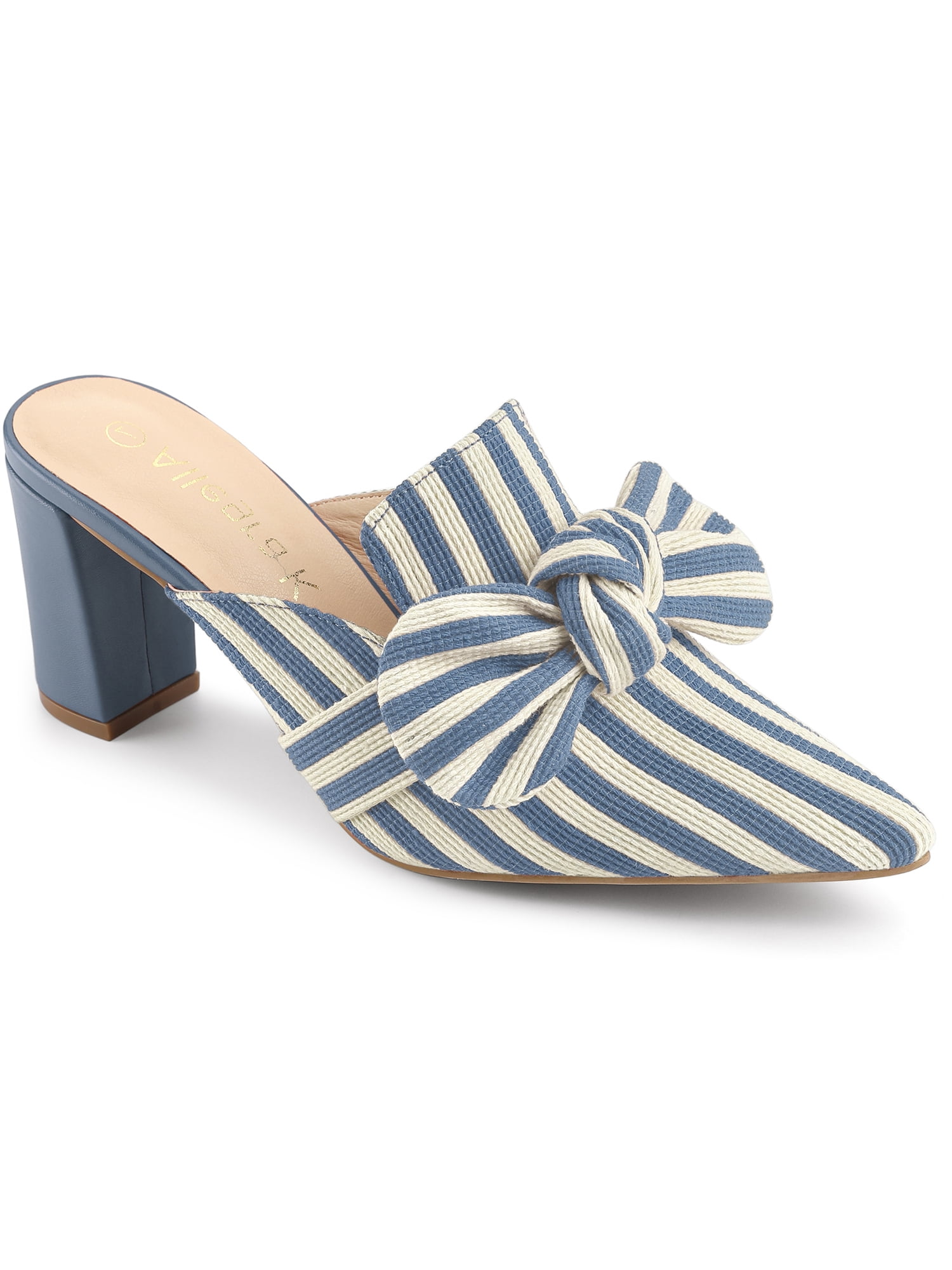 BLISSFUL STEP Women Stripe Bow Pointed Toe Block Heel Slides Mules ...