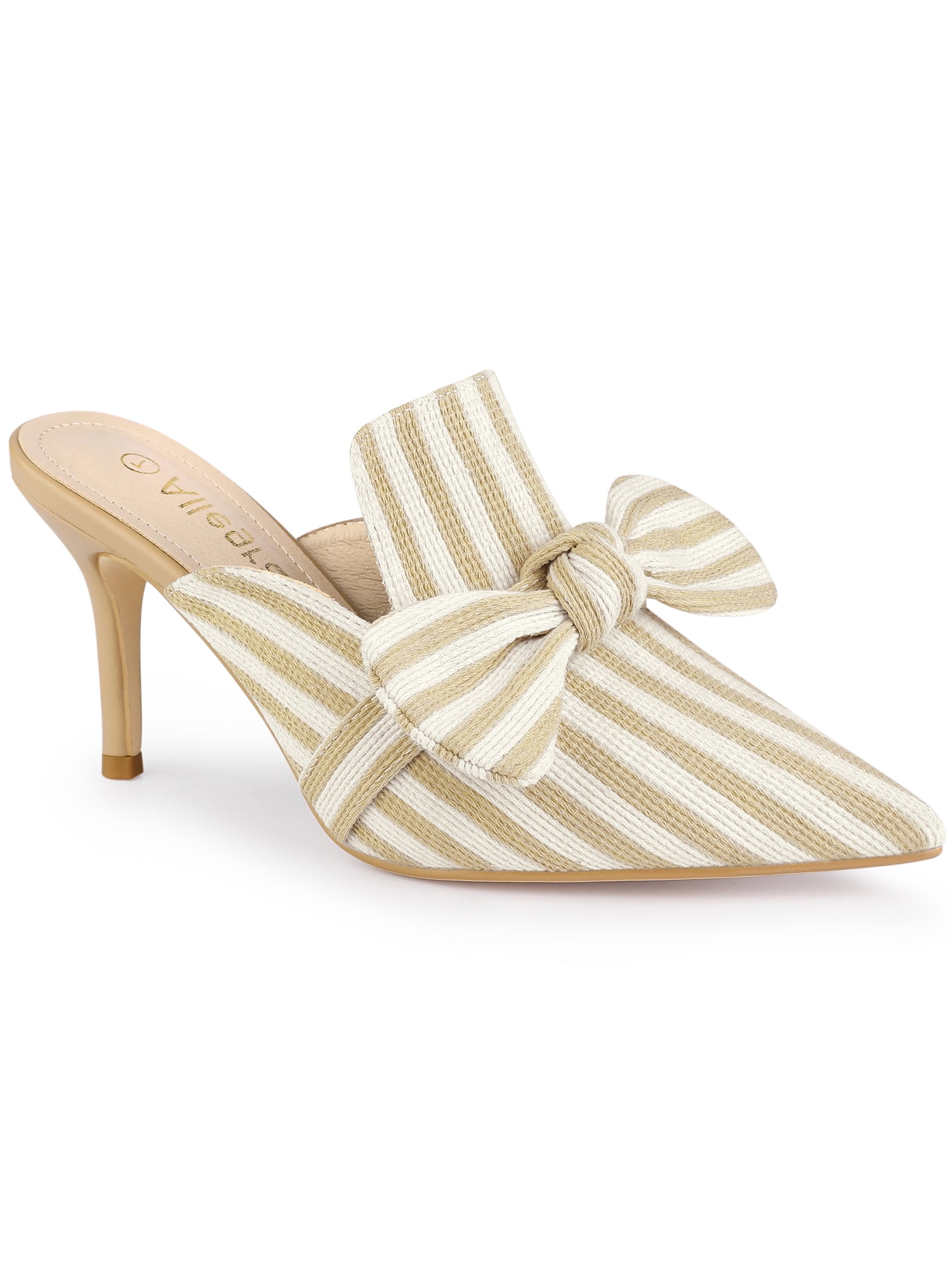 BLISSFUL STEP Women Stripe Bow Slip on Stiletto Heel Slides Mules Beige ...