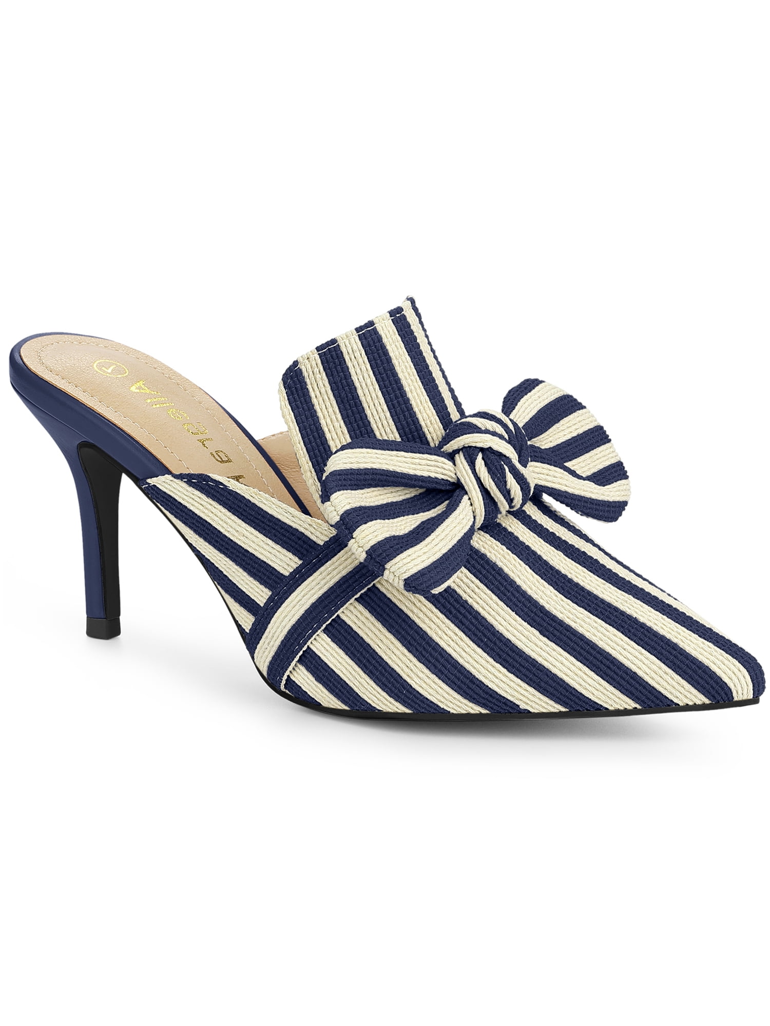BLISSFUL STEP Women Stripe Bow Slip on Stiletto Heel Slides Mules Deep ...