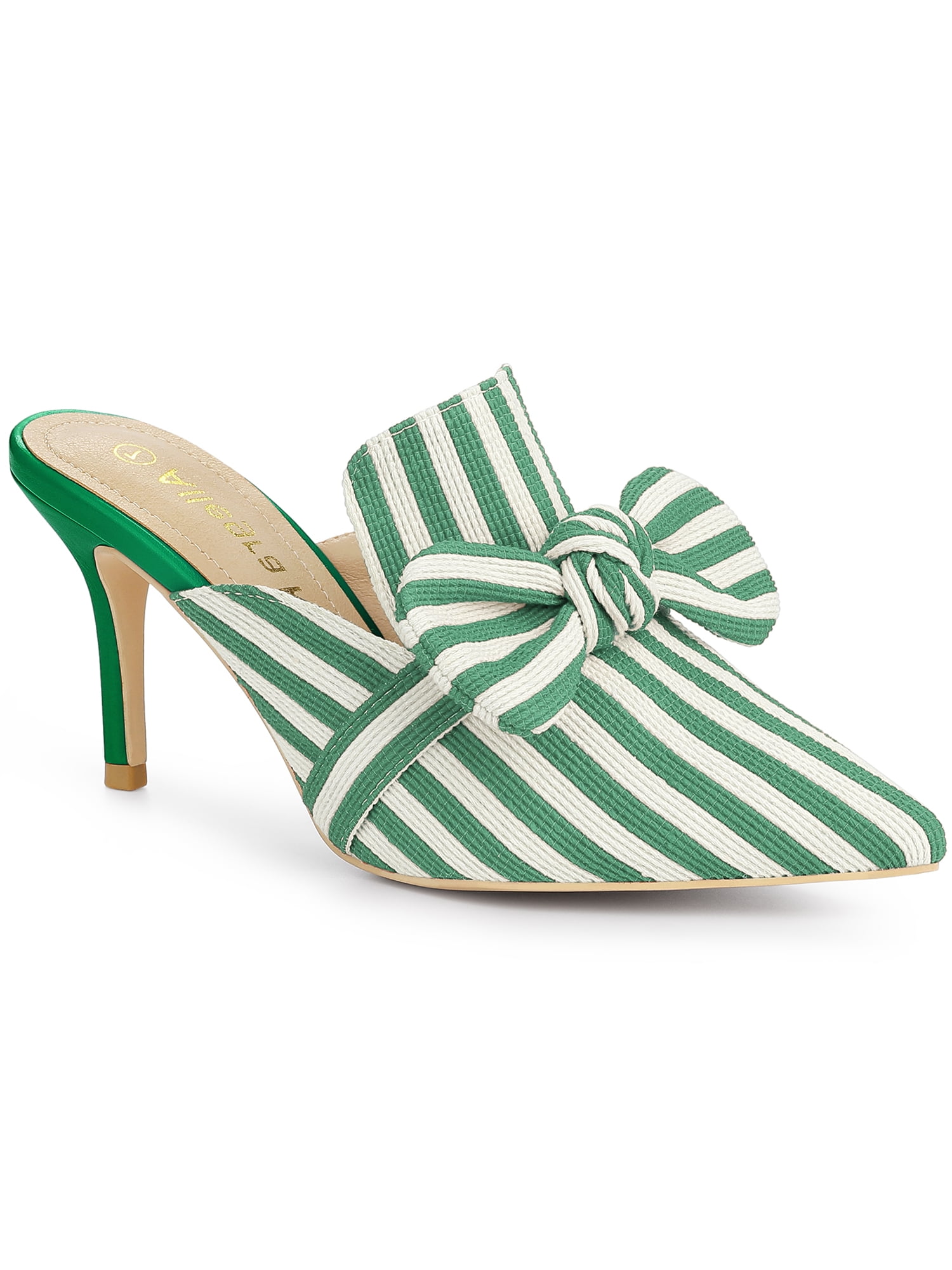 BLISSFUL STEP Women's Stiletto Heel Mules Pointed Toe Stripe Bow Slip ...