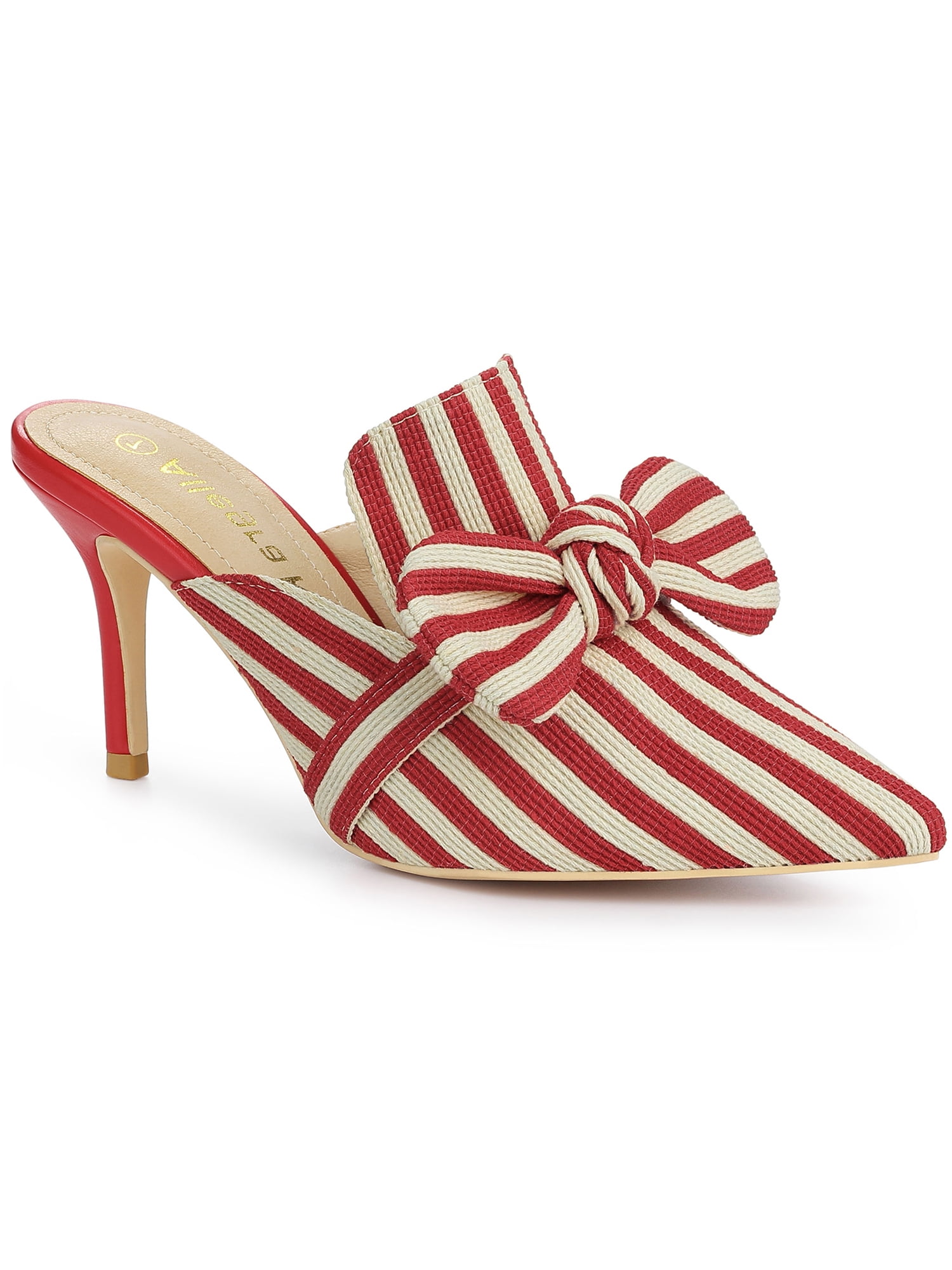 BLISSFUL STEP Women Stripe Bow Slip on Stiletto Heel Slides Mules Red ...
