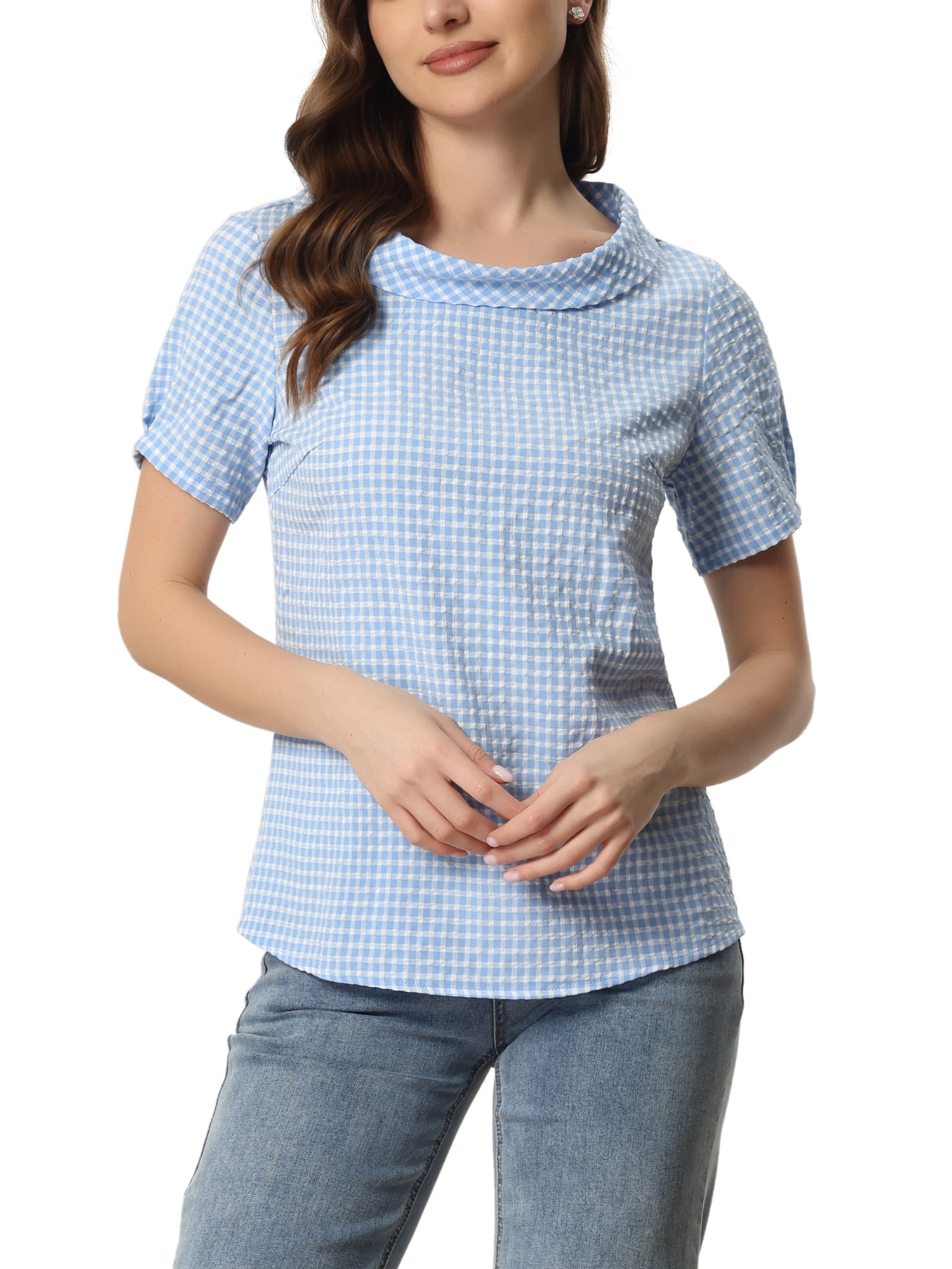 INSPIRE CHIC Women's 1950s Round Collar Short Sleeve Checked Tops ...