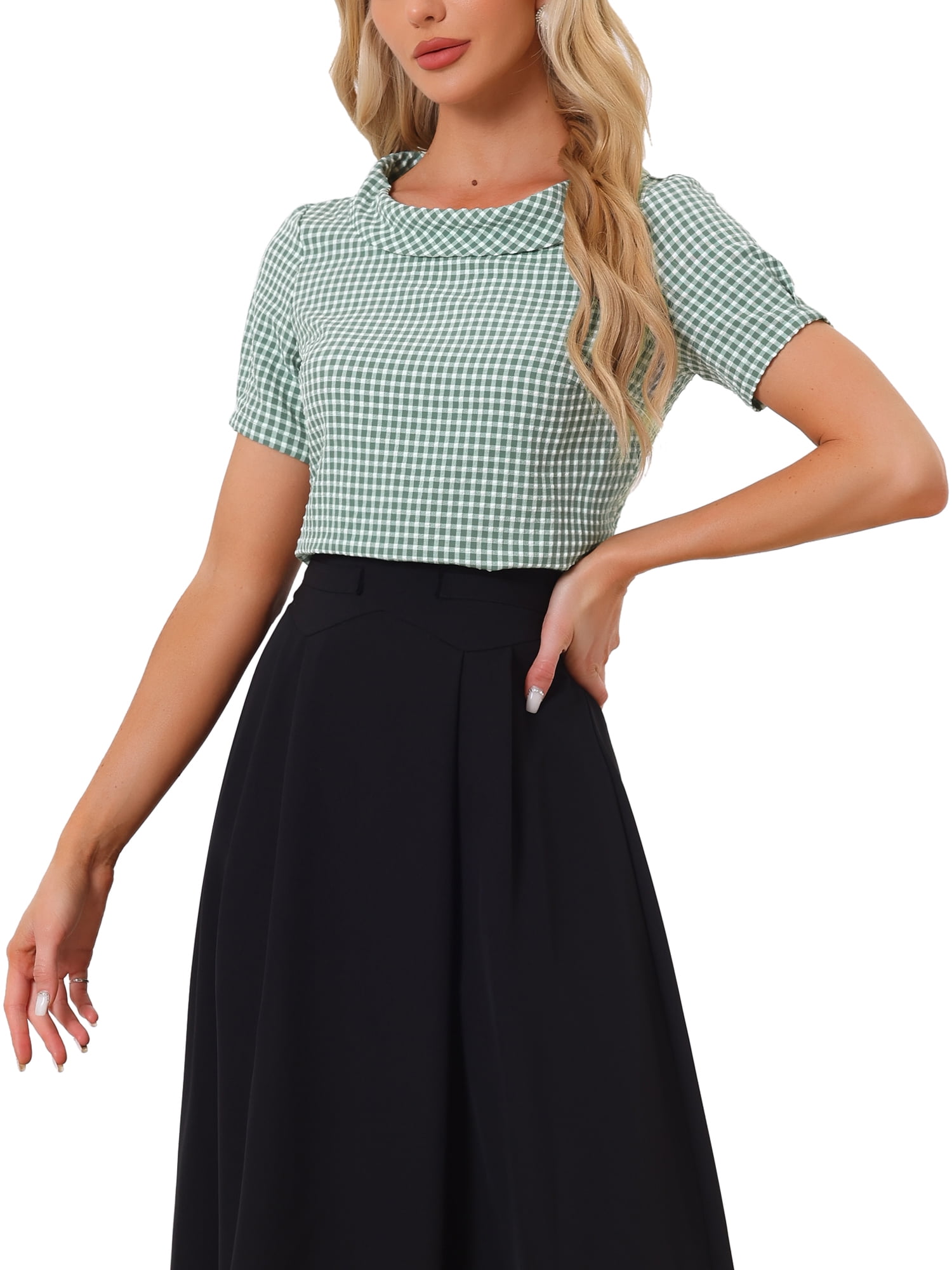 INSPIRE CHIC Women's 1950s Round Collar Short Sleeve Checked Tops ...
