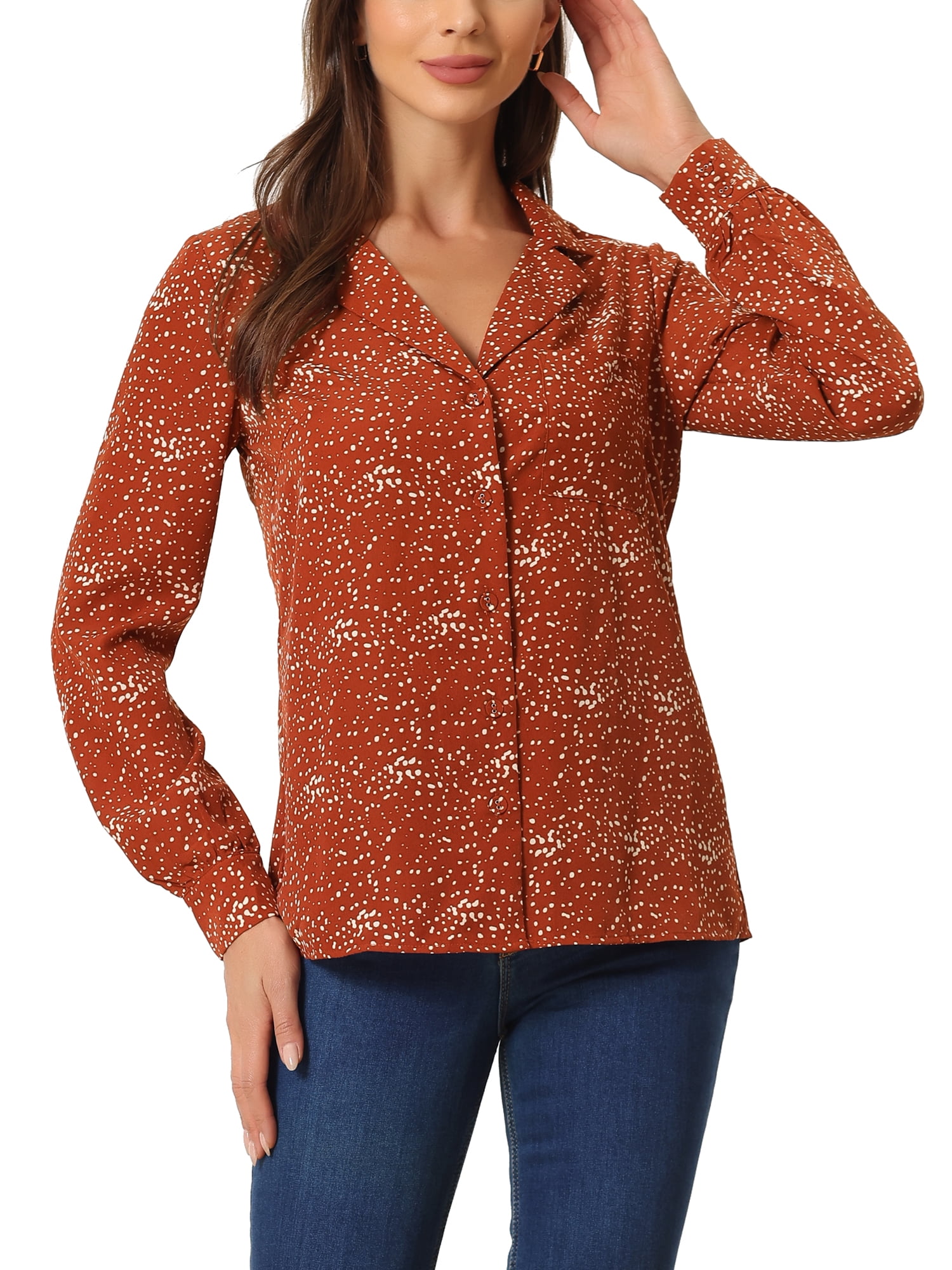 Allegra K Women's 1950s Vintage Long Sleeve Printed Button Down Tops M ...