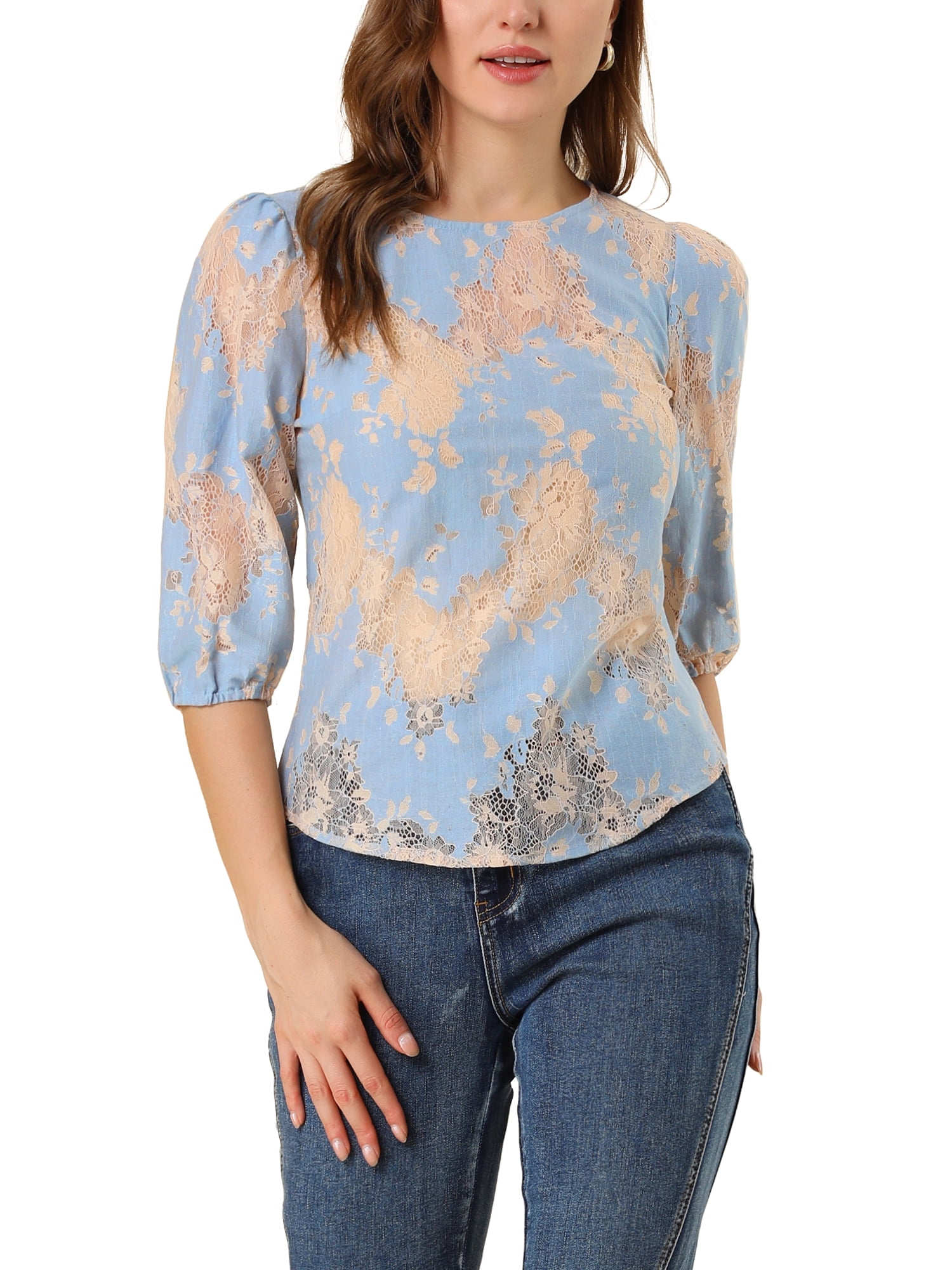 Allegra K Women's 3/4 Lantern Sleeve Semi Sheer Retro Lace Tops ...