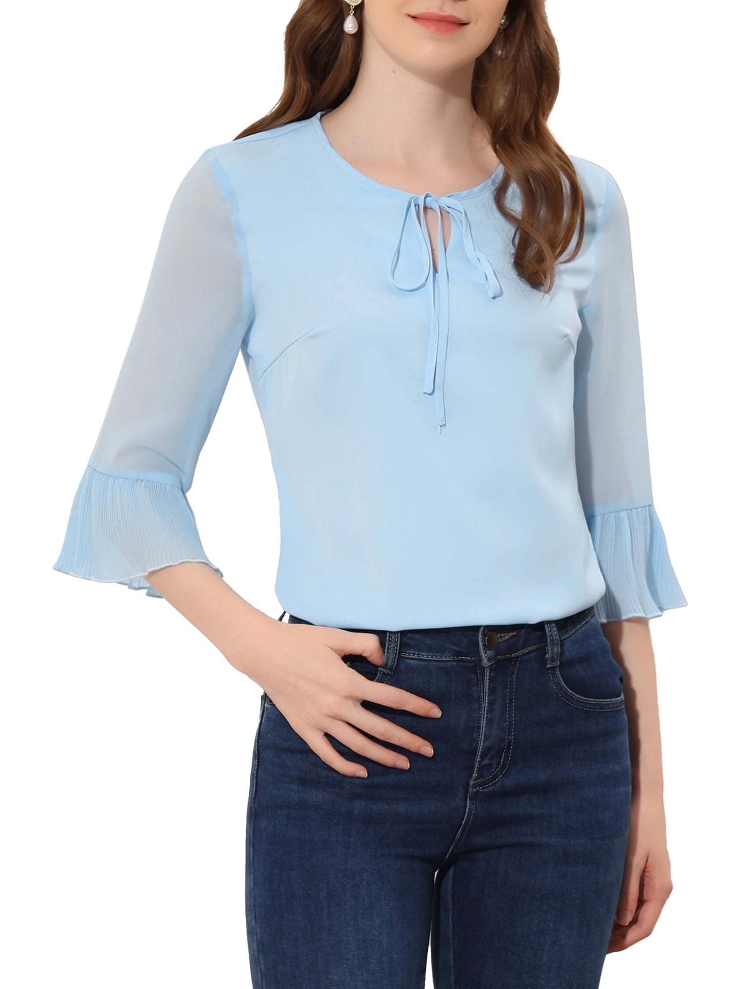INSPIRE CHIC Women's 3/4 Puff Flared Sleeve Tops Bow Tie Collar Chiffon ...