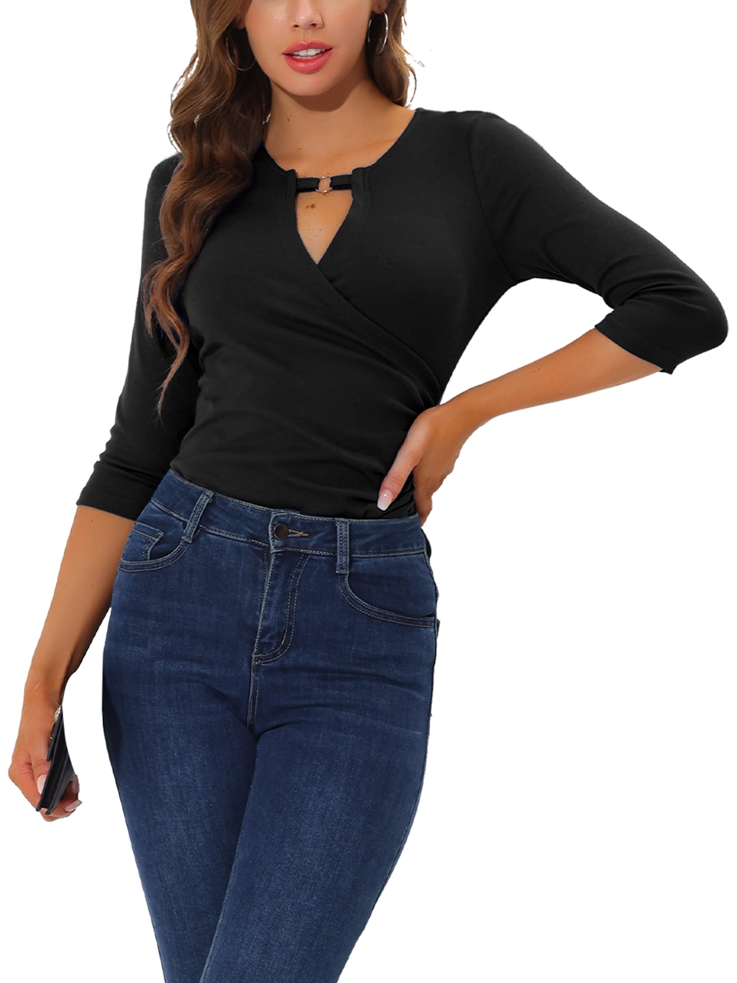 INSPIRE CHIC Women's 3/4 Sleeve Keyhole Neck Faux Wrap Ruched Blouse XL ...
