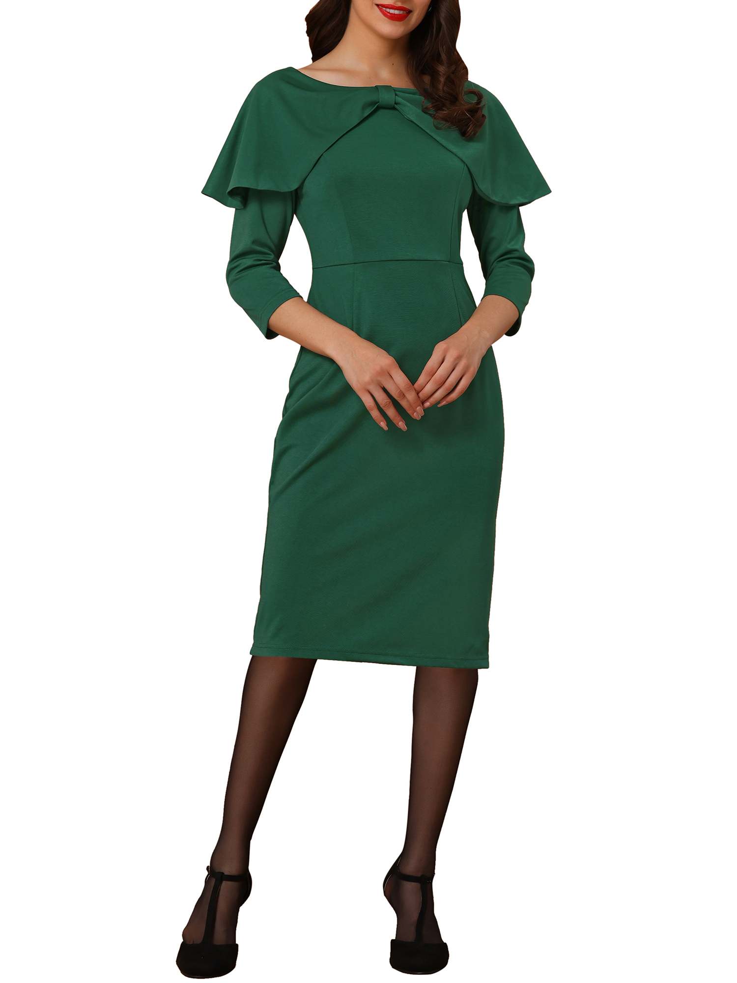 Allegra K Women's 3/4 Sleeve Midi Dress High Waist Bow Tie Neck ...