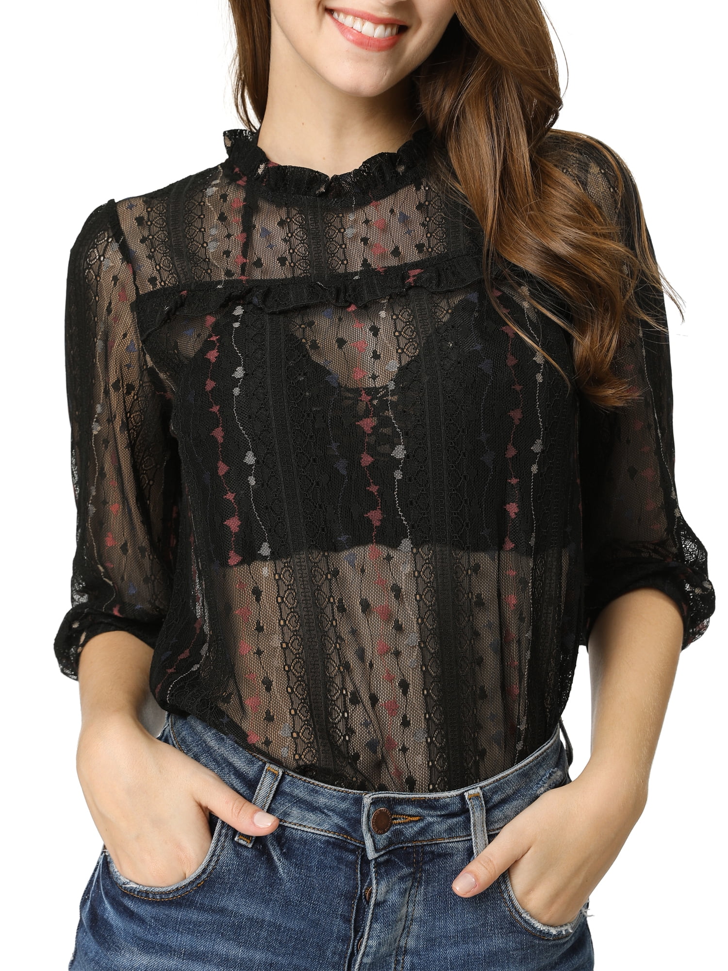 INSPIRE CHIC Women's 3/4 Sleeves Ruffle Mock Neck Sheer Lace Tops S ...